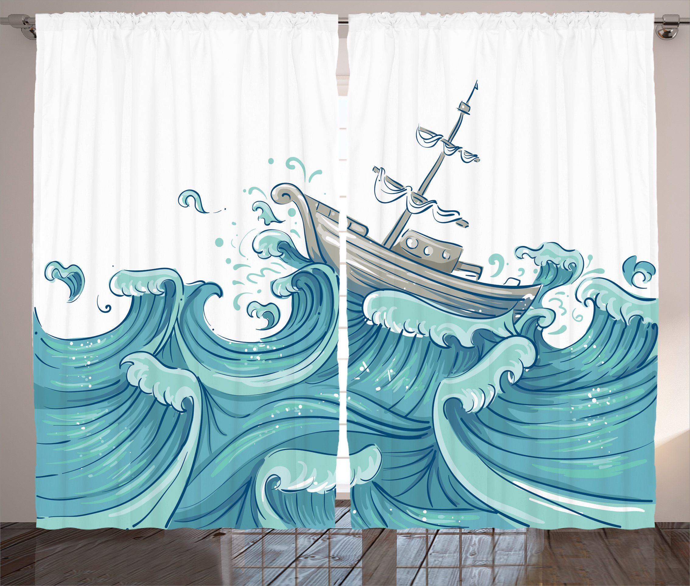 Ambesonne Giant Waves Nautical Semi-Sheer Rod Pocket Curtain Panels ...