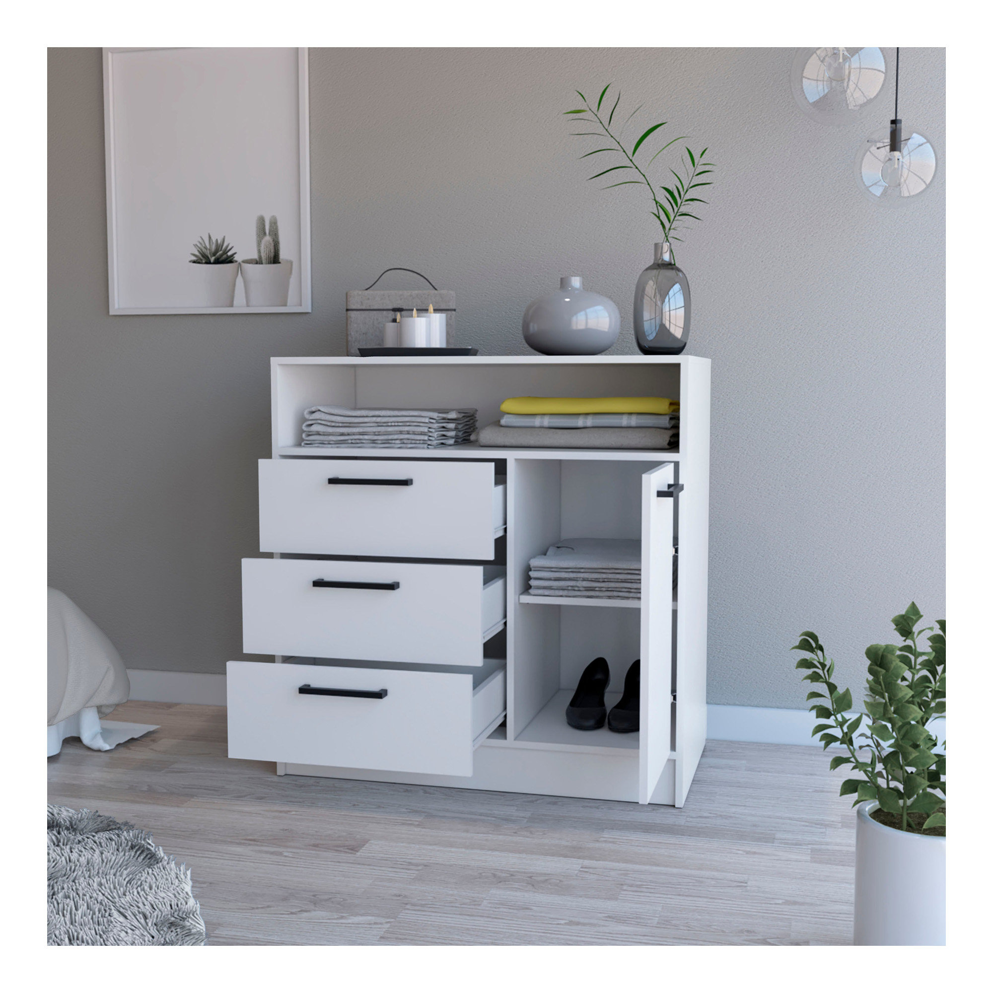 Latitude Run® White Open Storage Shelf 3 Drawer Dresser | Wayfair