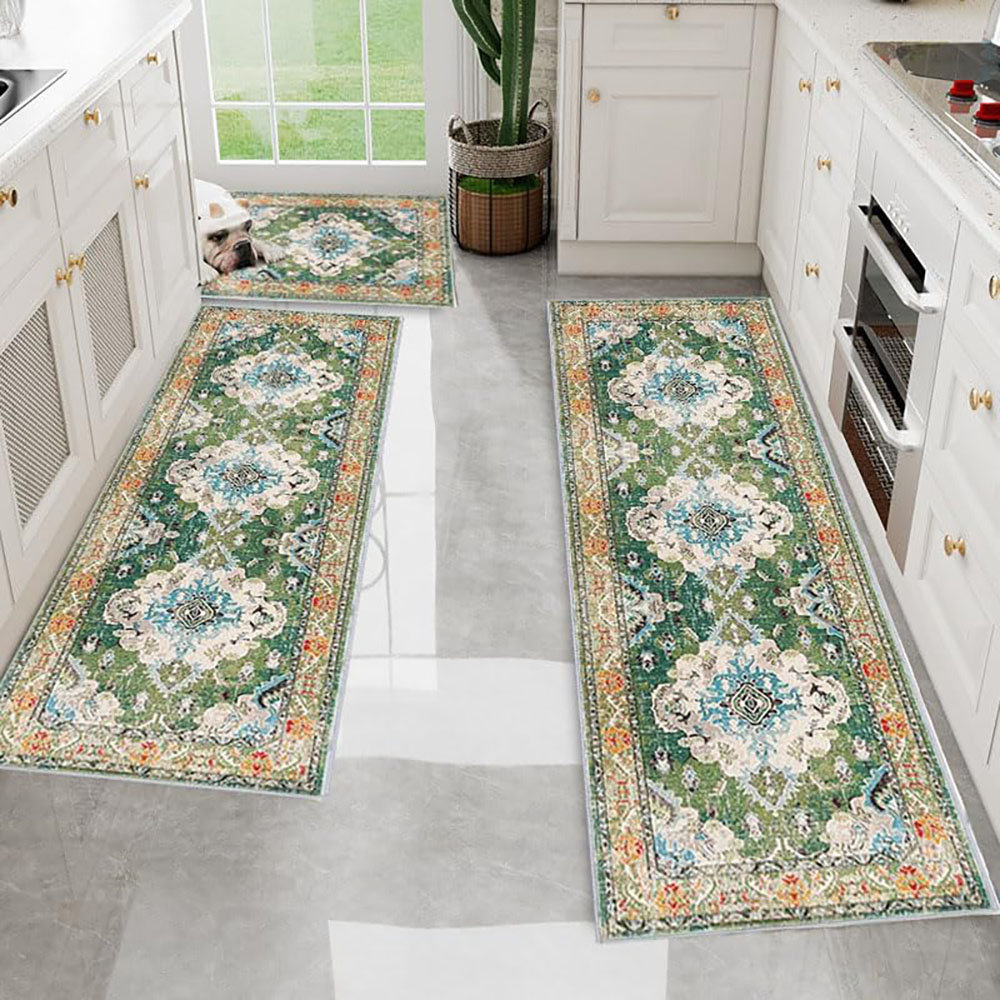 Bungalow Rose Farmhouse Kitchen Rug Sets 3 Piece Washable,Green Flowers ...