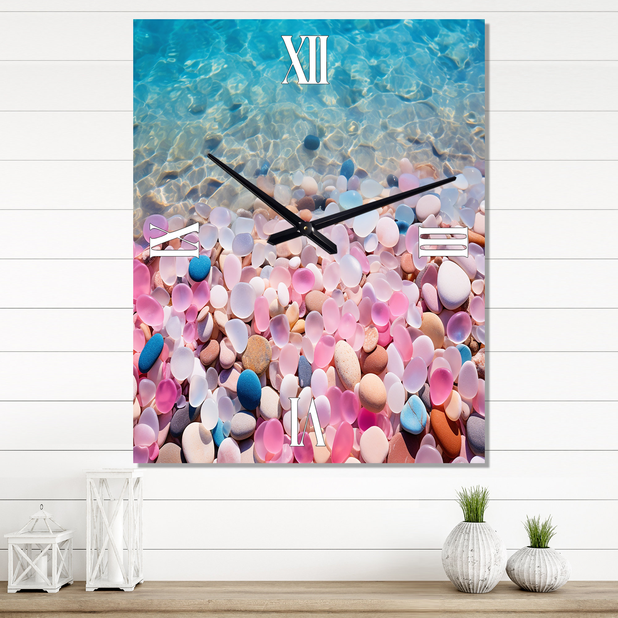 Design Art Pebbels On Blue Azure Beach - Abstract Botanicals Wall Clock ...