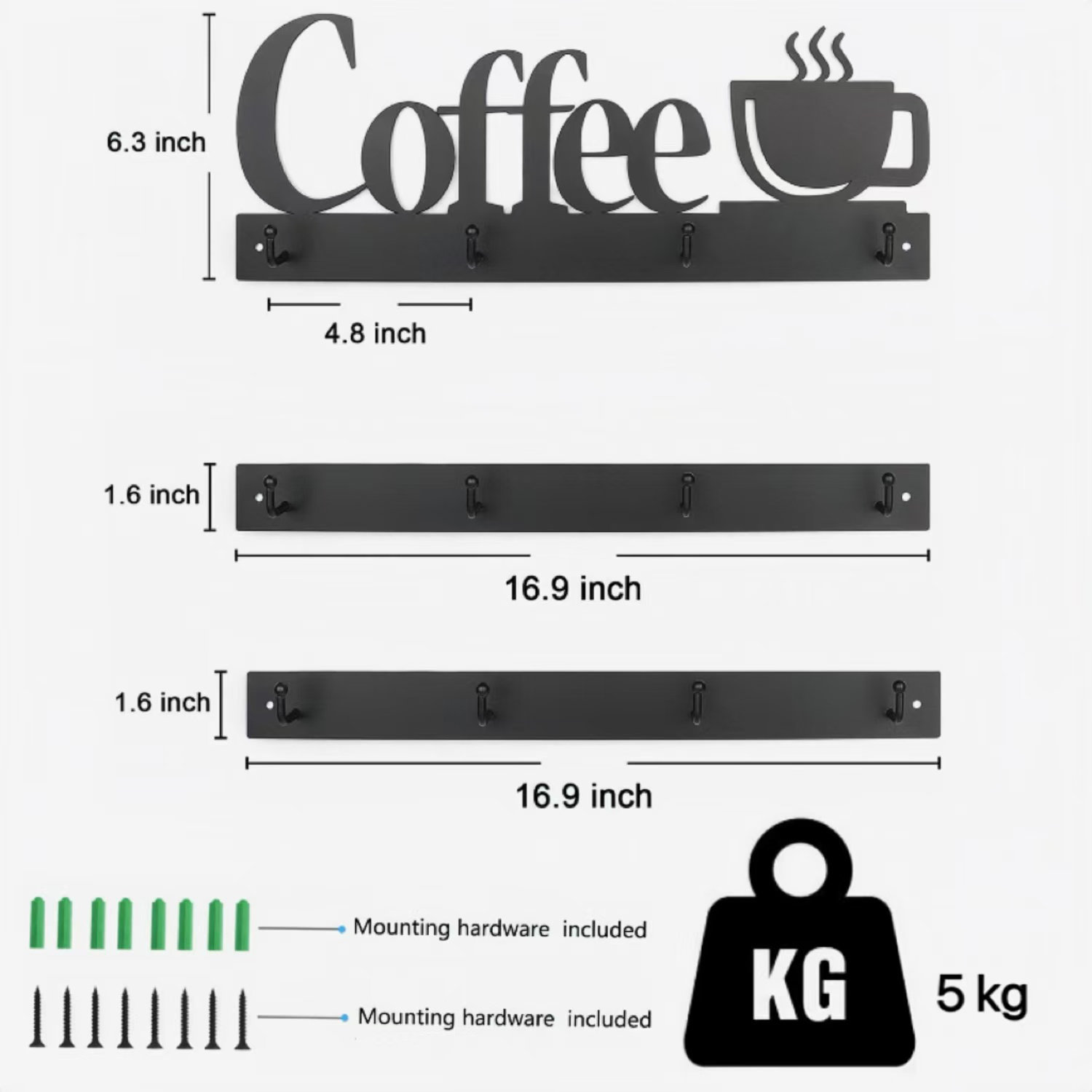 Kebe MyGift 4-Hook Metal Wall Mounted Mug Rack, Coffee Cup Holder ...