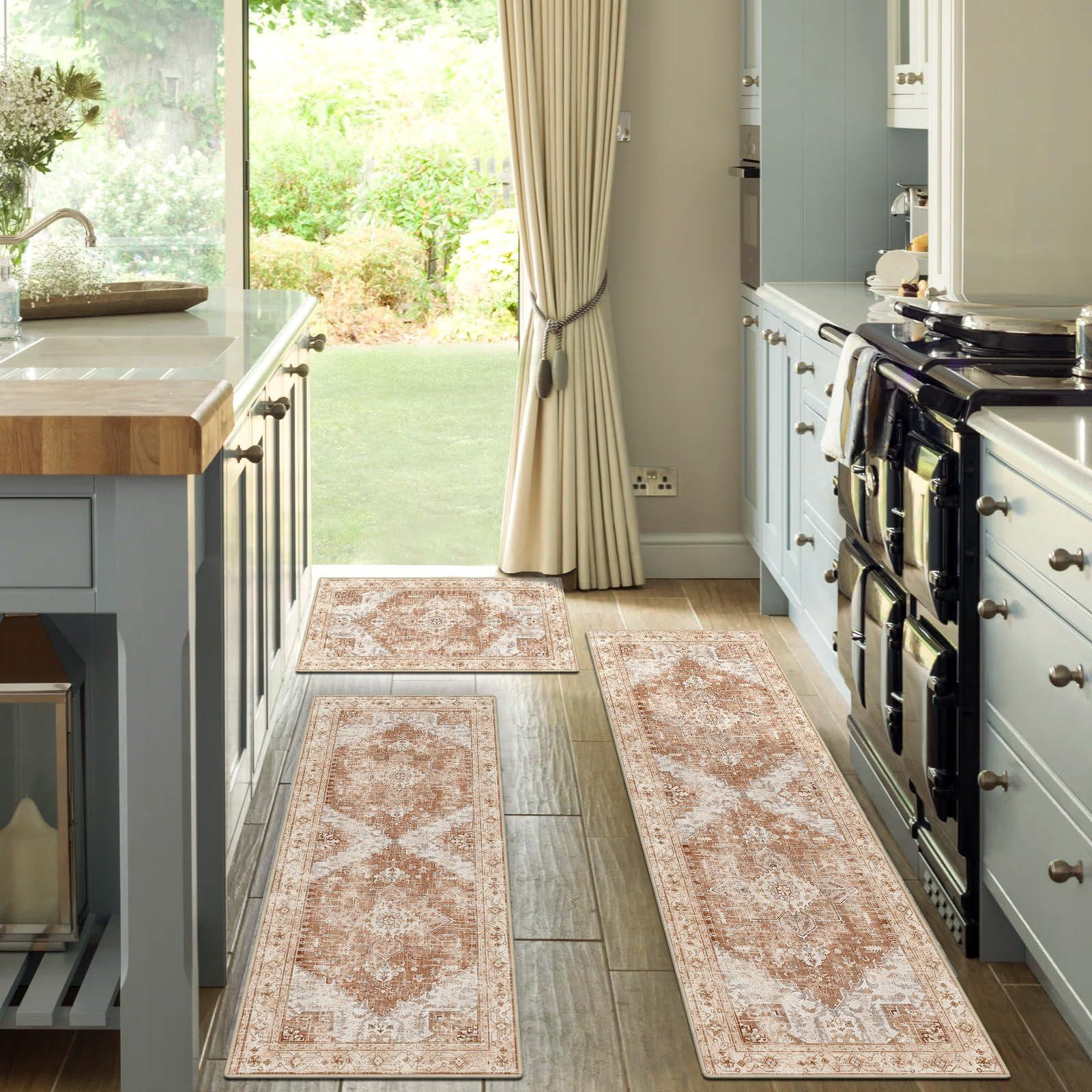 VOMGEB1 Set of 3 Beige orange Boho Washable Kitchen Rugs | Wayfair