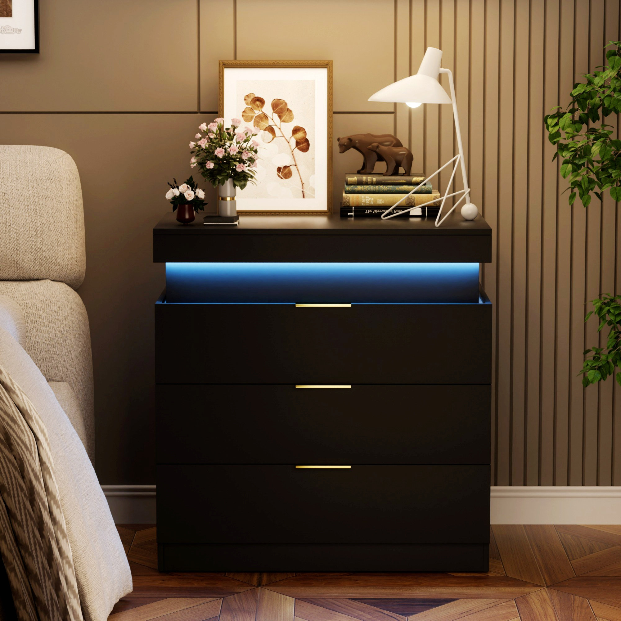 Brayden Studio® Nightstand With Charging Station And LED Lights, Night ...
