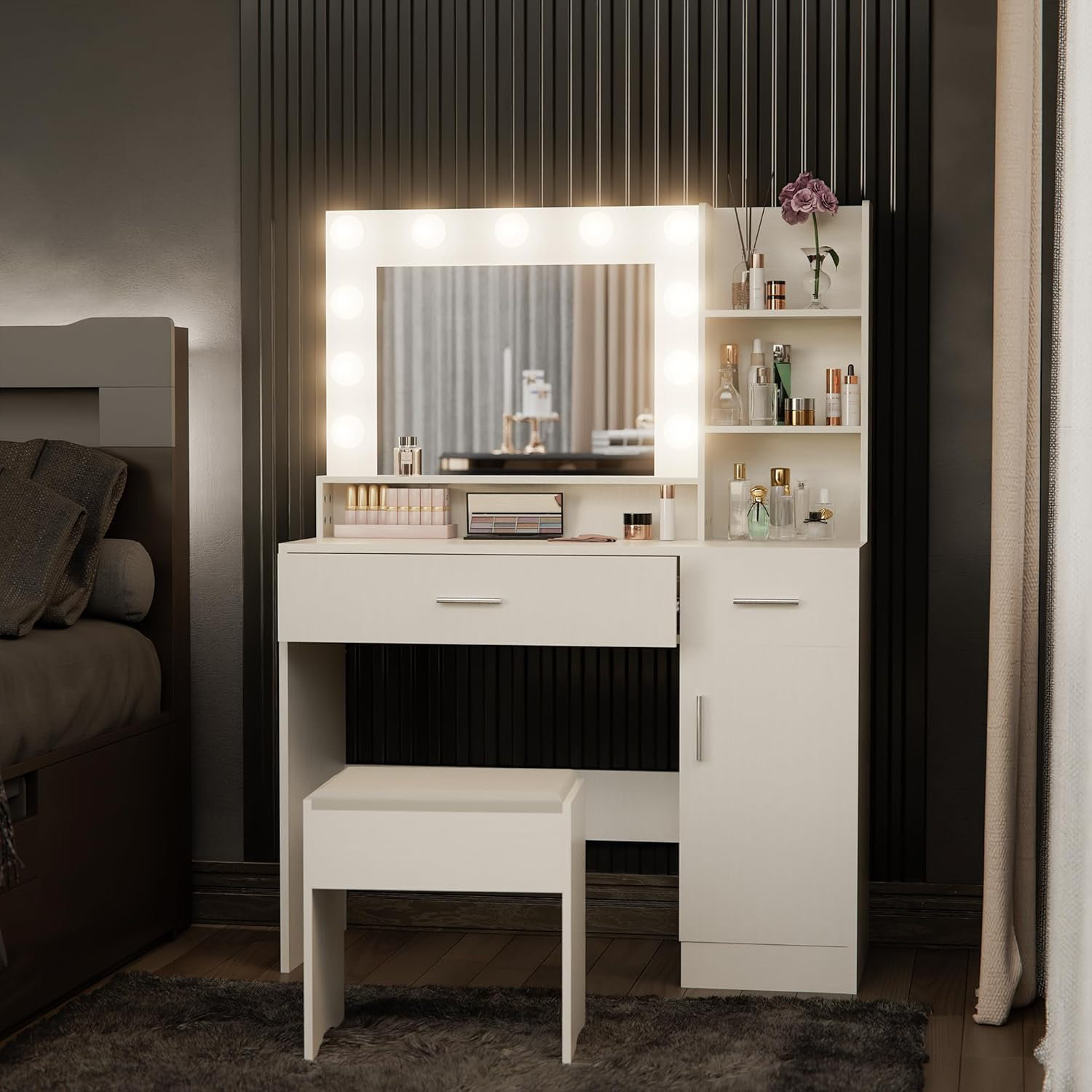 HaxvinUK Dressing Table With LED Mirror & Storage Stool, White Vanity ...