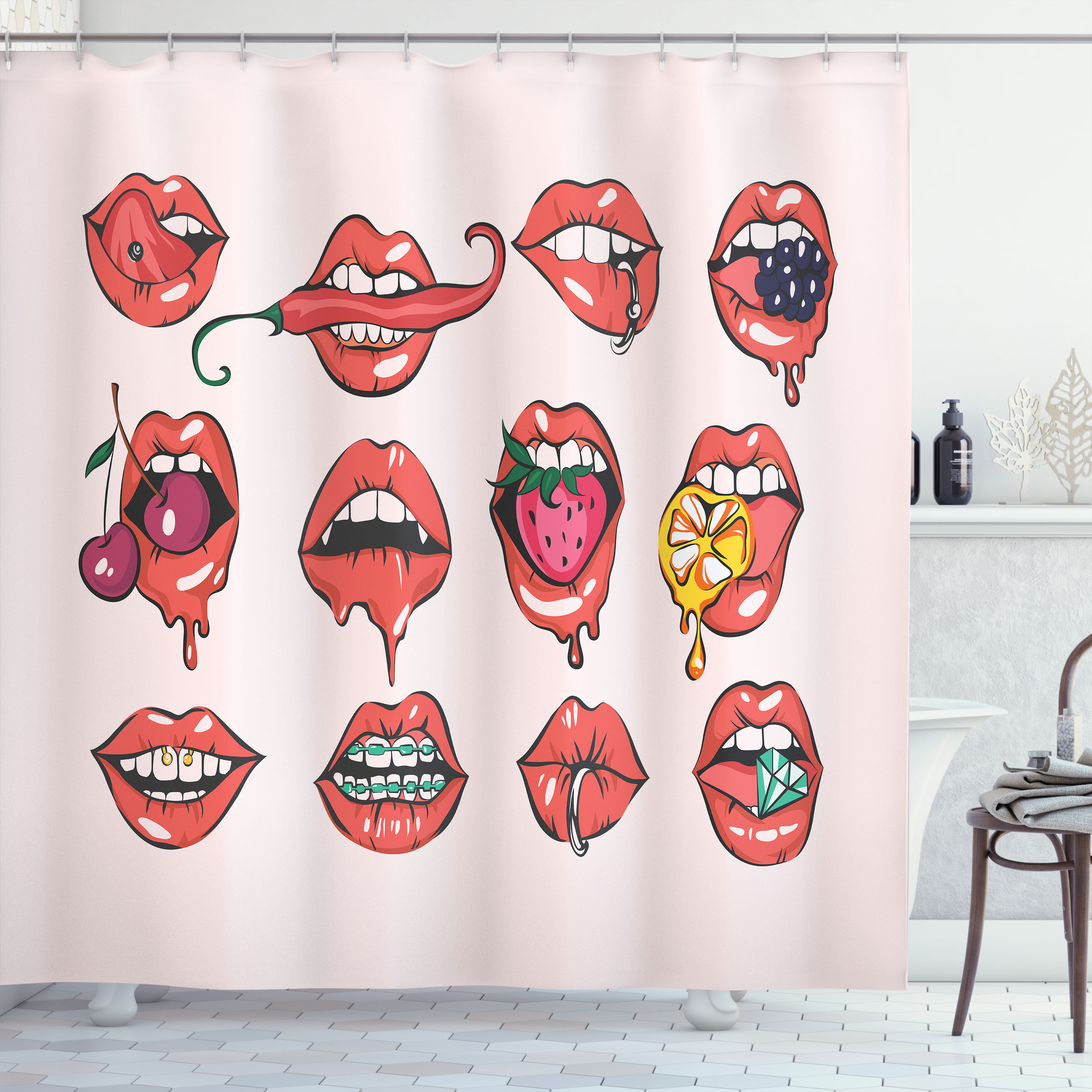 East Urban Home Lips Shower Curtain Pierced Tongue Teeth Braces ...