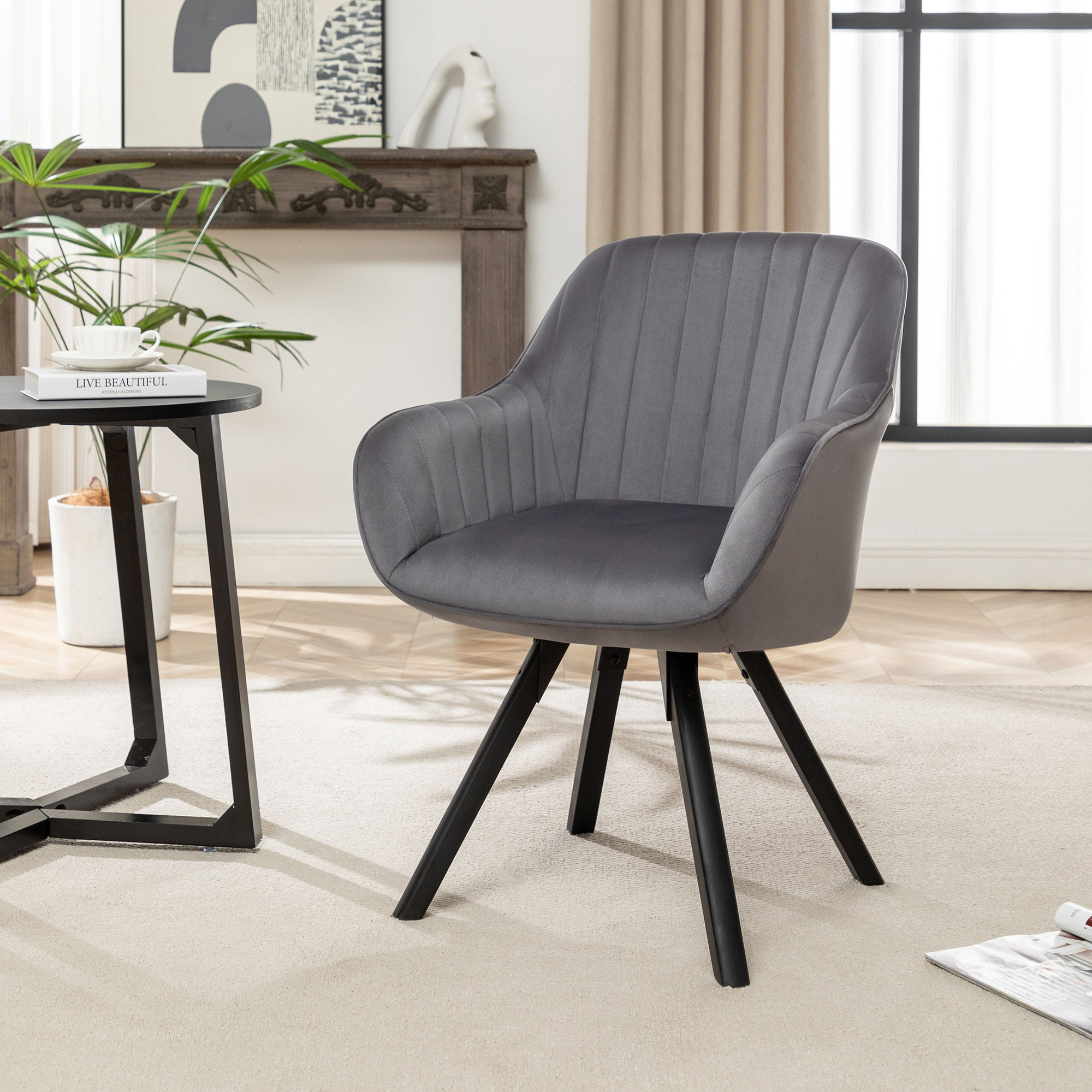 Mercer41 Antonius Swivel Velvet Dining Chair with Wooden Legs - Wayfair ...