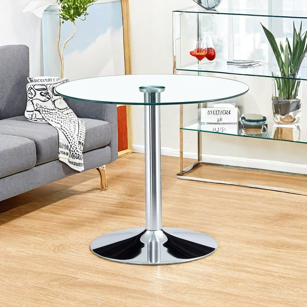 Mercer41 35" Round Glass Dining Table With Pedestal Base And Metal Legs ...