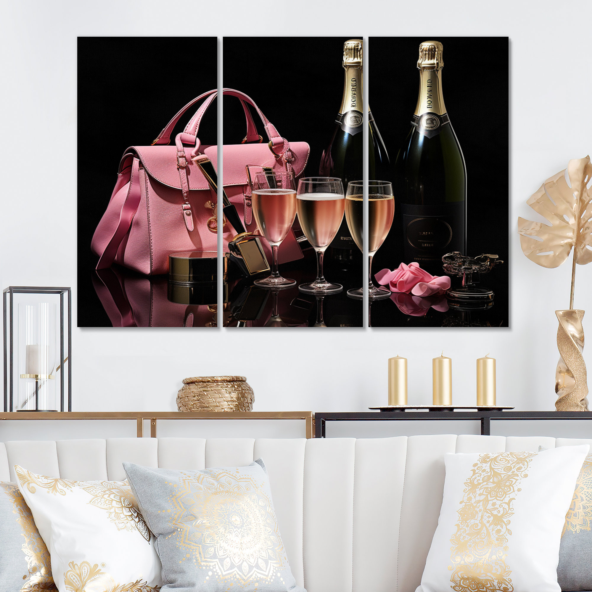 Design Art Pink Fashion Bag & Champagne II - Fashion Metal Wall Decor Set | Wayfair