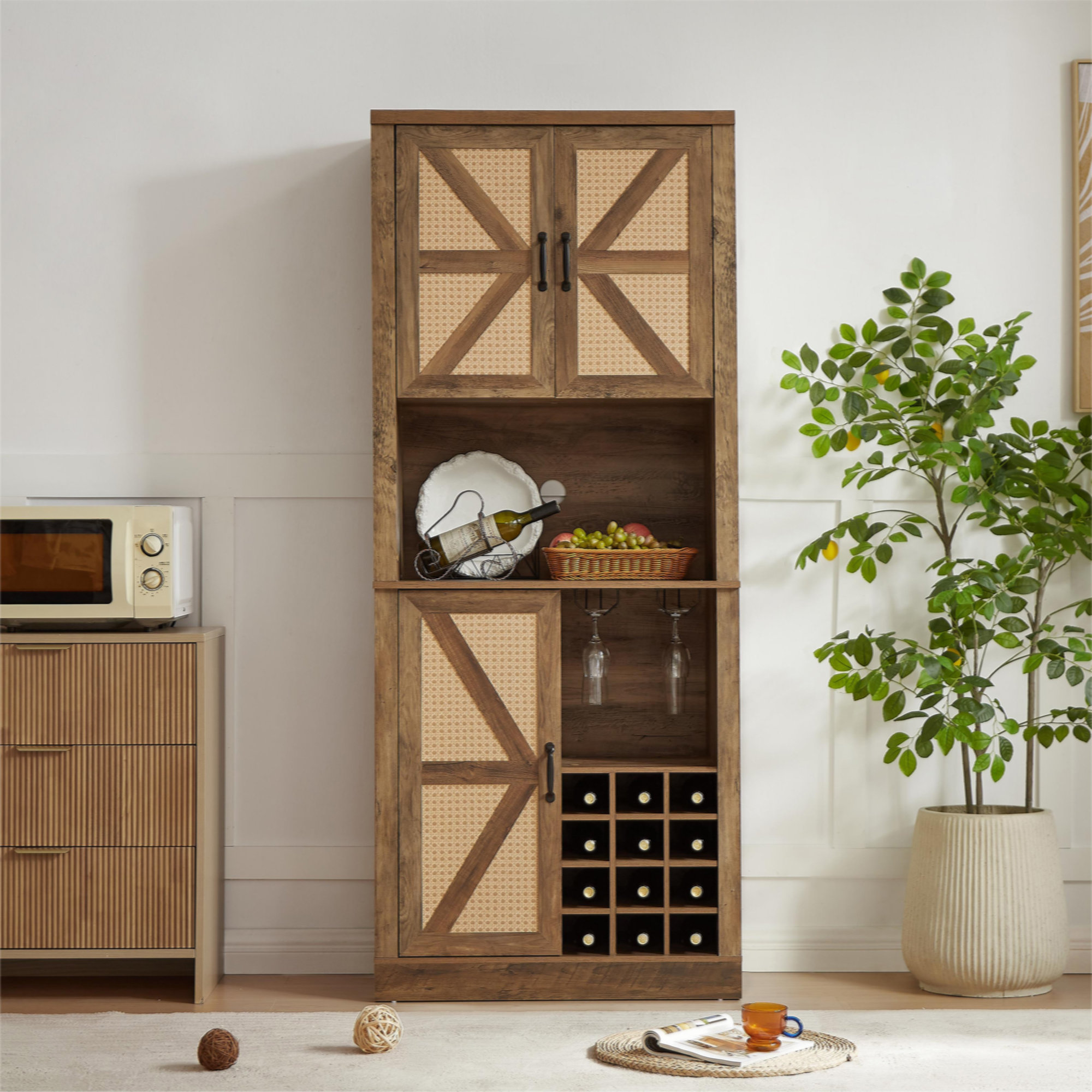 Gracie Oaks 76-Inch Tall Rustic Oak Color Farmhouse Kitchen Faux Rattan ...