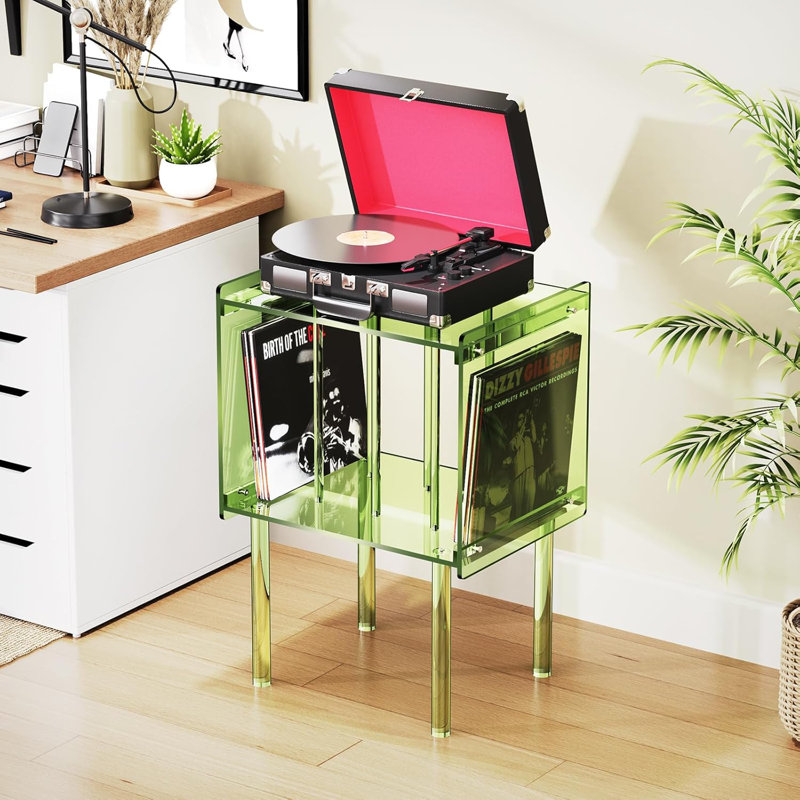 Orren Ellis Acrylic Record Player Stand With Storage - Clear Pink/Green ...