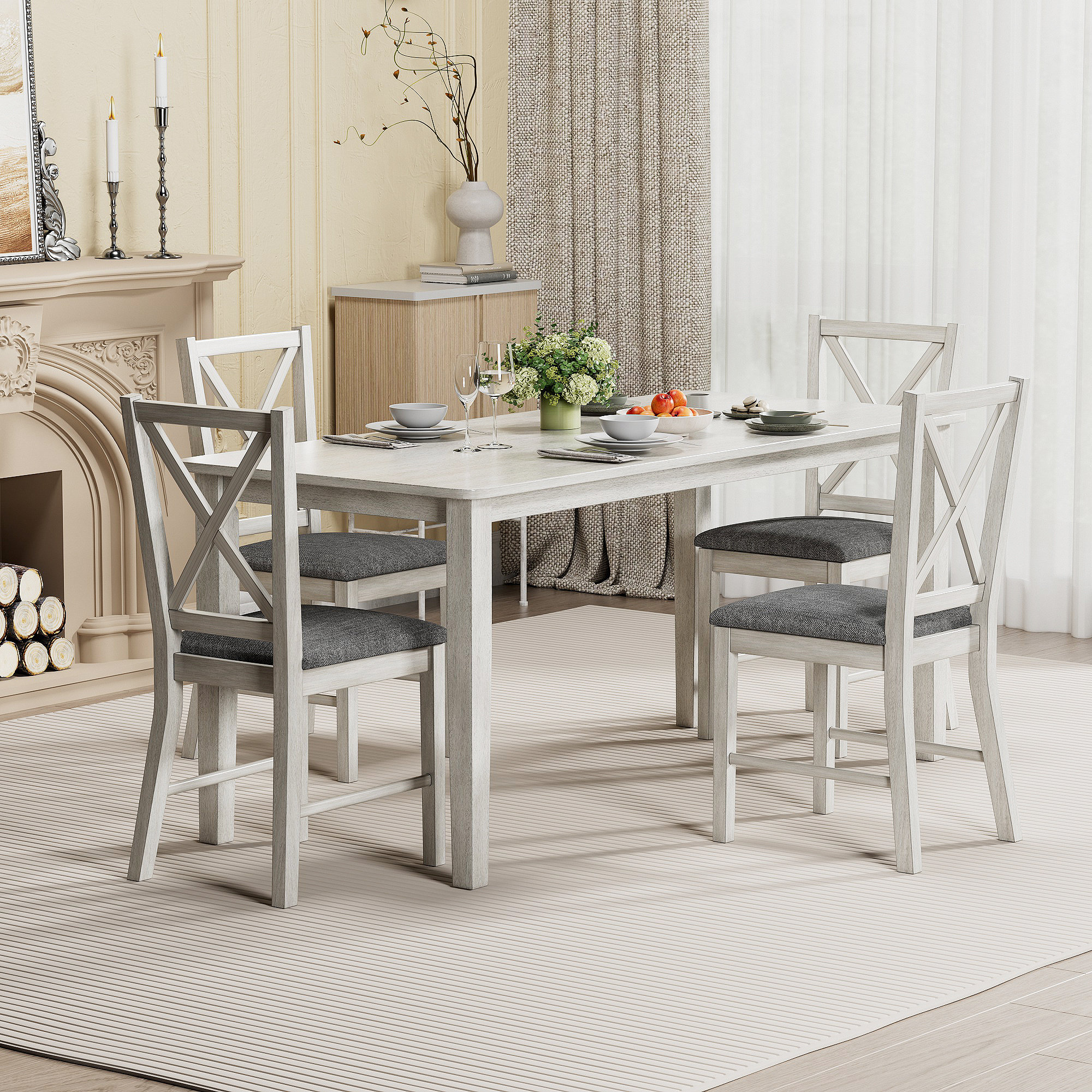 Gracie Oaks 5 Piece Dining Table Set, Solid Wood Farmhouse Rectangle ...