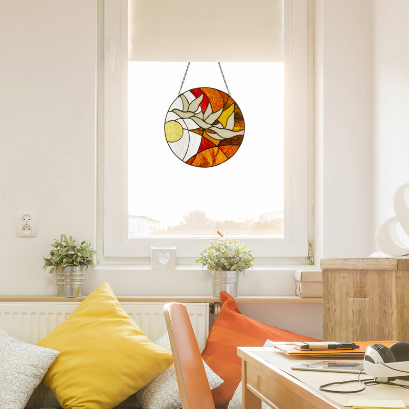 Fleur De Lis Living 14"H Doves at Sunset Round Stained Glass Window ...