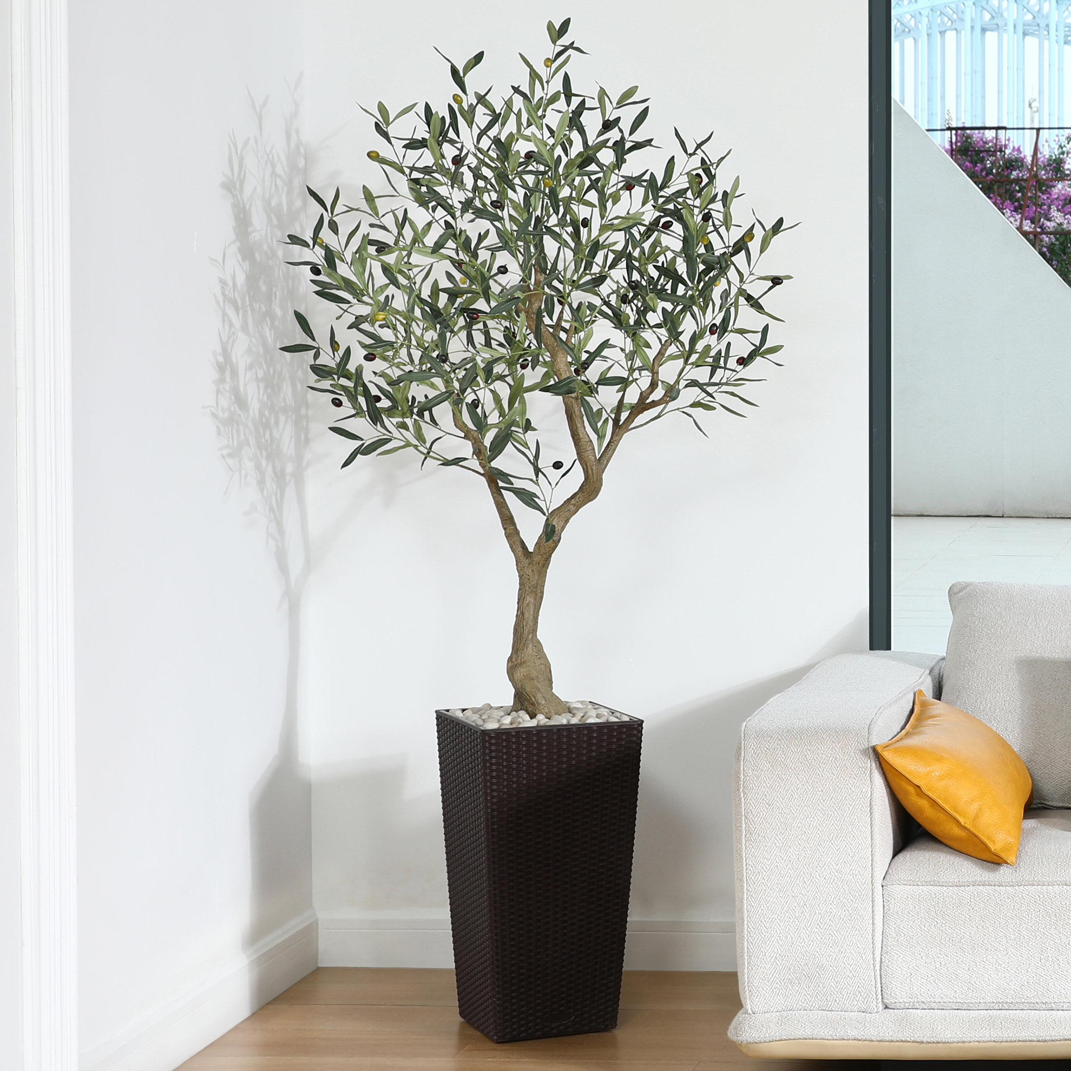 Primrue Adcock Artificial Olive Tree UV Resistant with Tall Planter ...