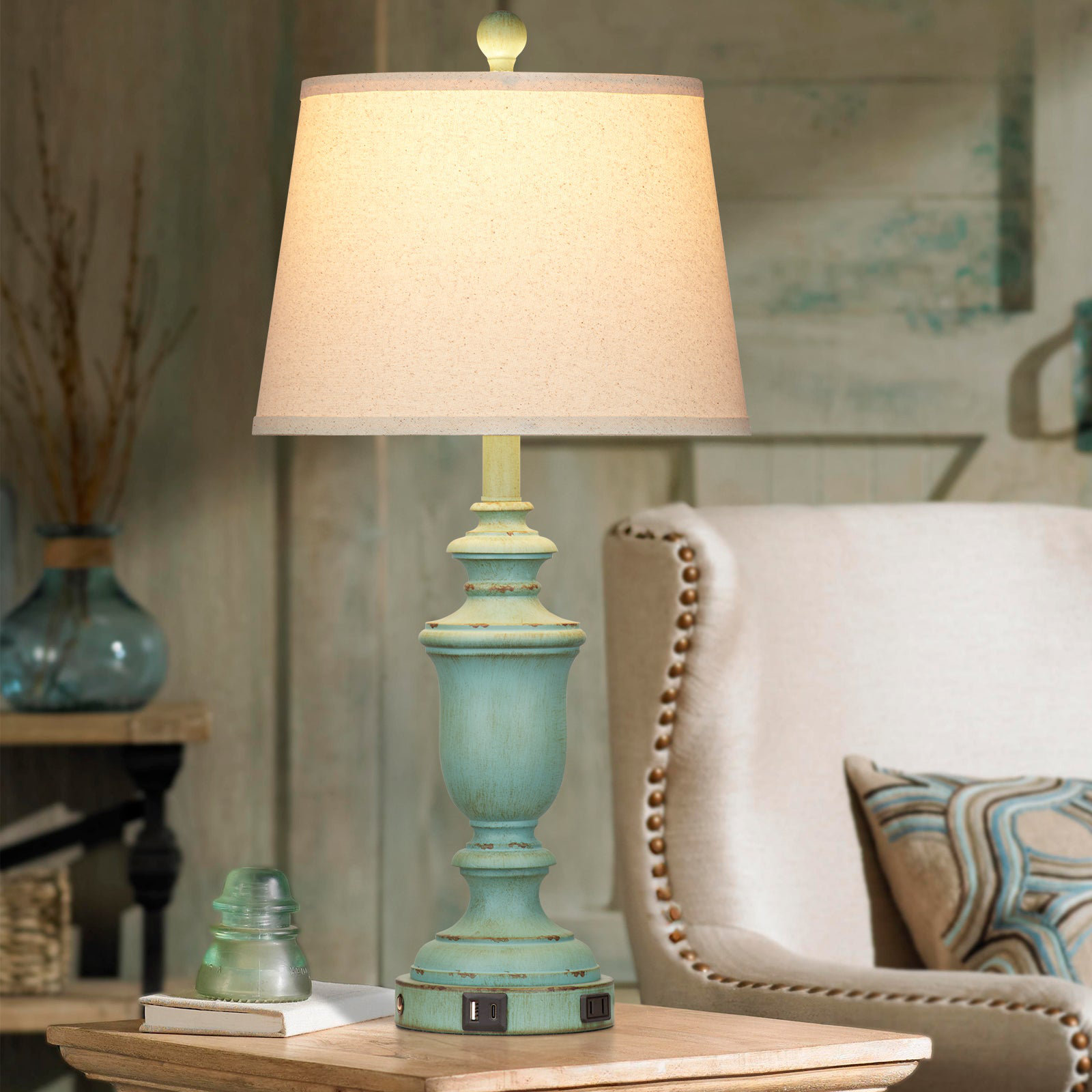 August Grove® Green Resin Table Lamps with Circular Base Charging Ports ...