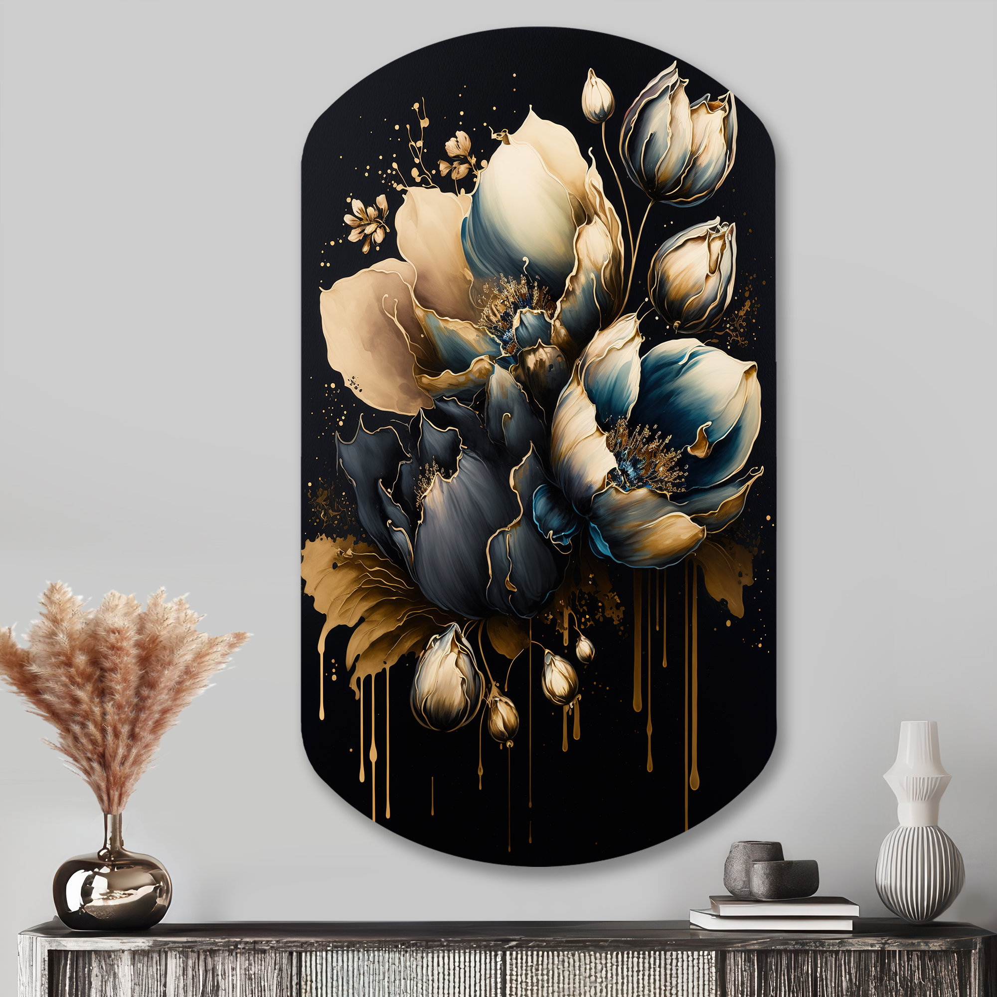 Design Art Blue And Gold Tulips II - Tulip Cylinder Shape Metal Wall ...