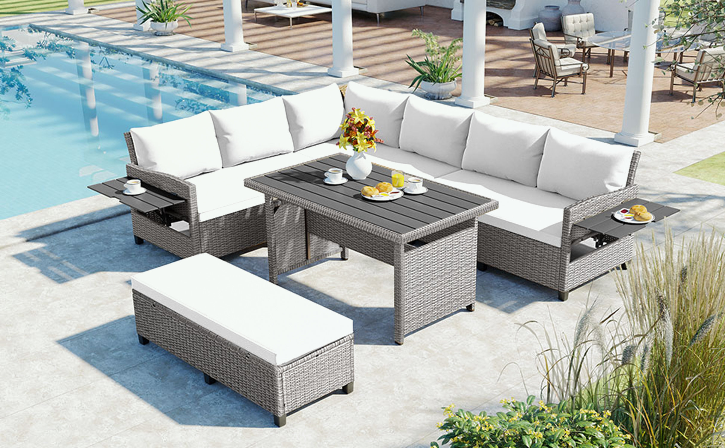 Beachcrest Home™ 5-Piece L-Shaped Outdoor Patio Rattan Sofa Set with 2 ...