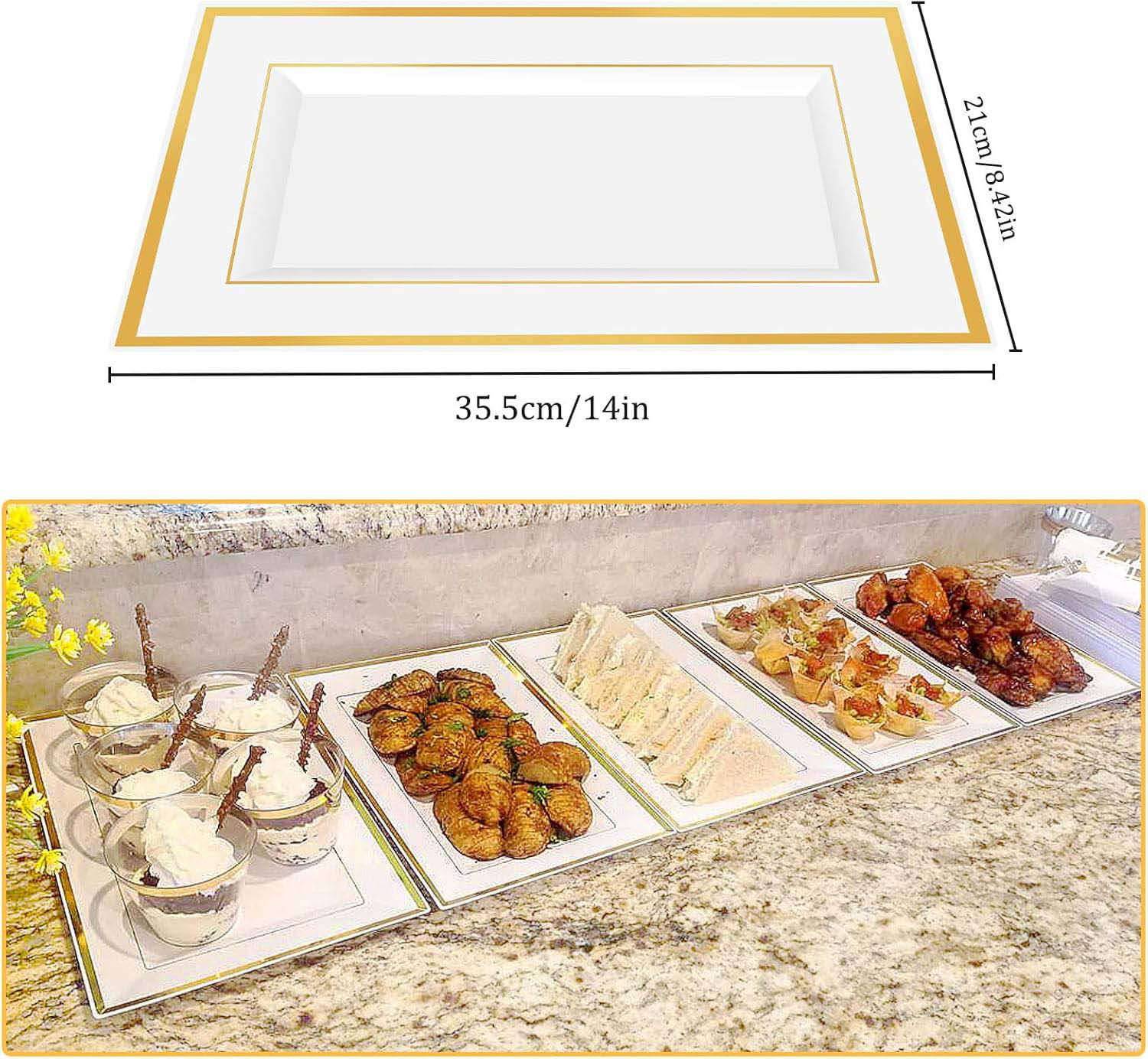 Everly Quinn 12 Pcs White Plastic Serving Trays With Gold Rim, 14''X9 ...