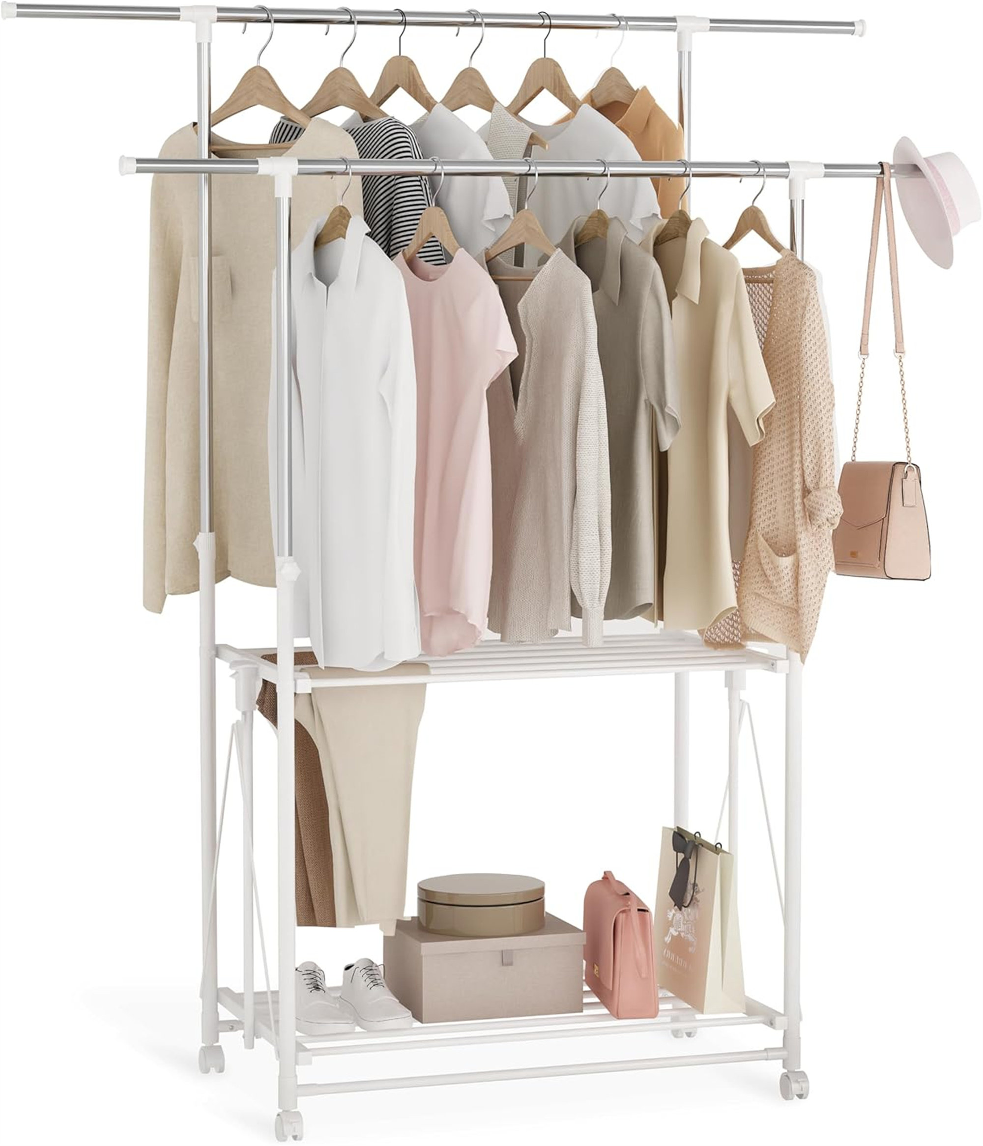 doitbest Rolling Clothes Rack With Wheels - Adjustable Double Hanging ...