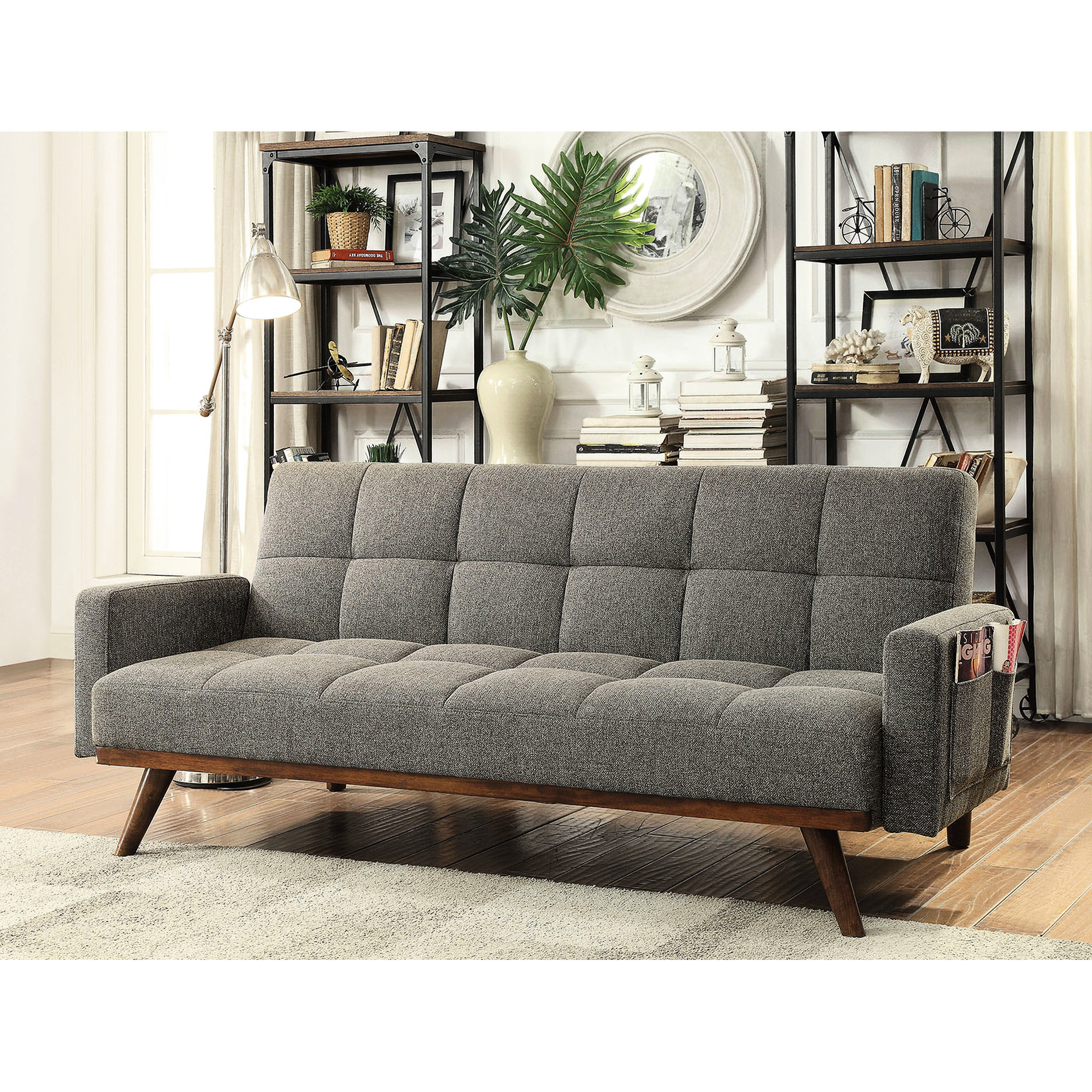 George Oliver Mid-century Modern Futon, Gray Linen With Side Storage ...