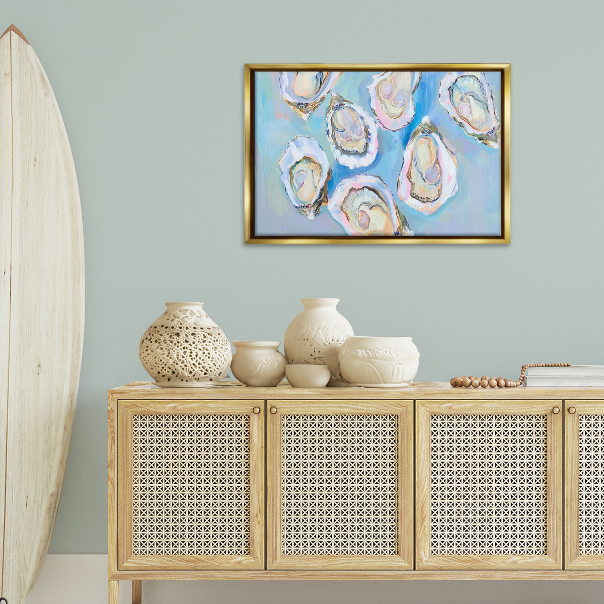 Beachcrest Home™ Pastel Oysters on Blue Framed Floater Canvas by ...