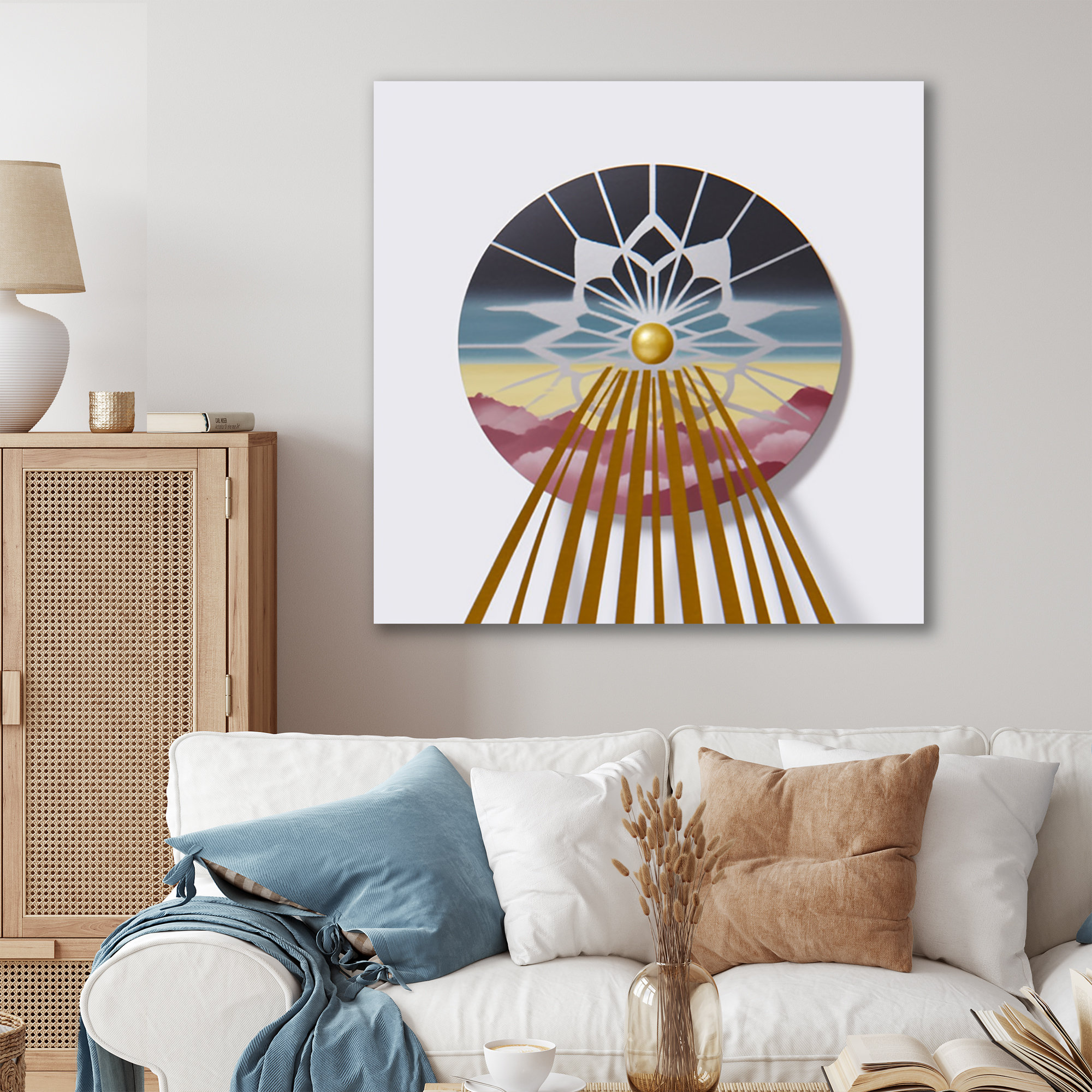 Design Art " Graphic Retro Sunrise With Golden Beams " Print on Canvas ...