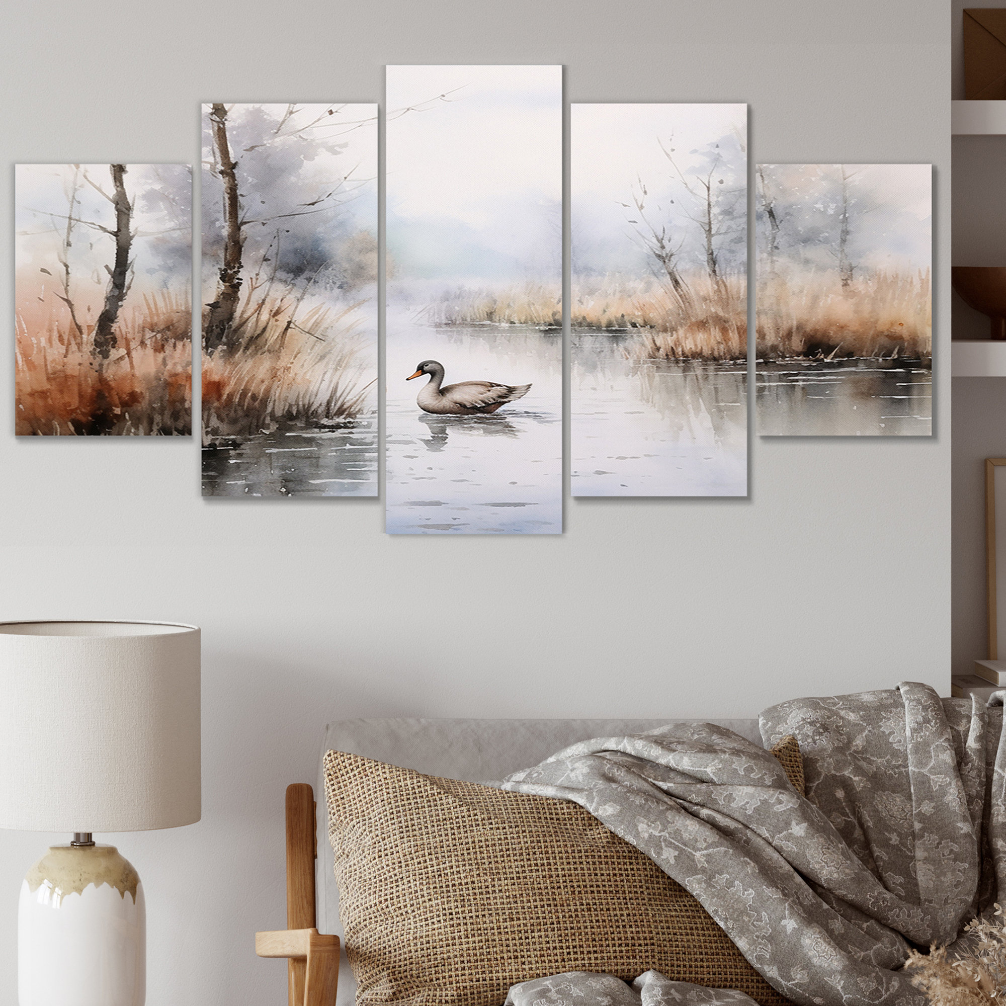 Wildon Home® Duck In The Misty Pond At Dawn Watercolor - Animal Duck ...