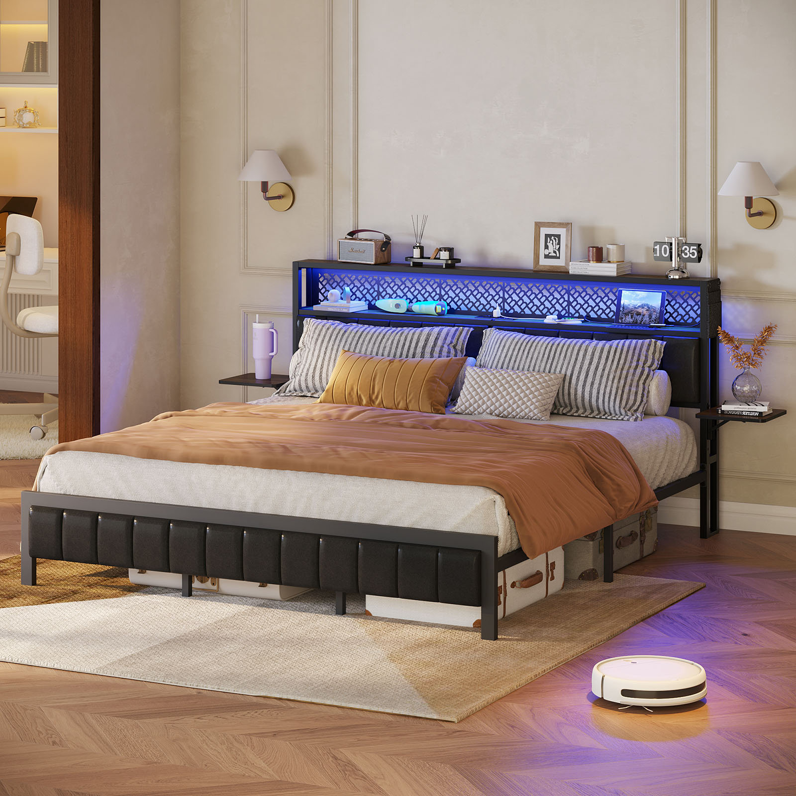 Wade Logan® Brisna Bed Frame Upholstered Headboard Bed with Storage LED ...