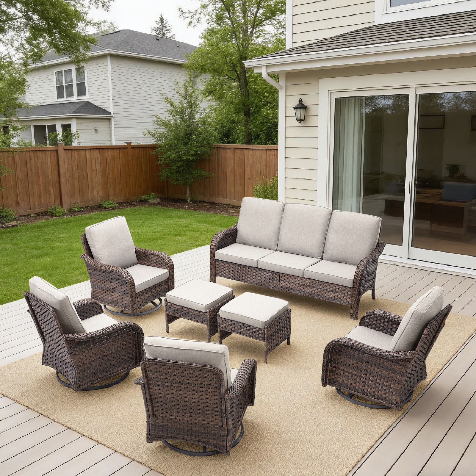 Red Barrel Studio® Arley 7-Piece Outdoor Patio Wicker Curved Arms Sofa ...