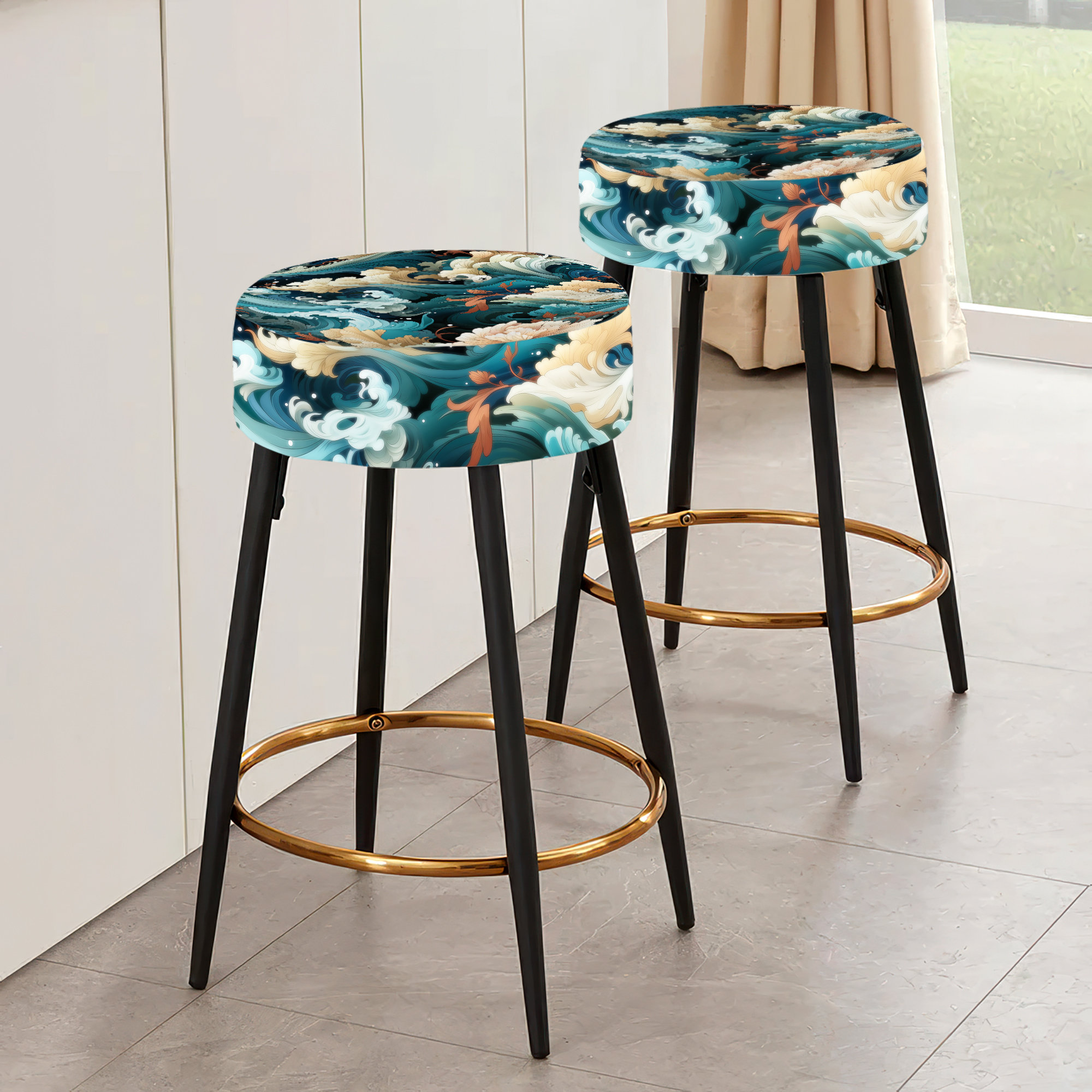 Design Art Waves And Flowers Japanese Pattern - Japanese Bar Stools Set ...