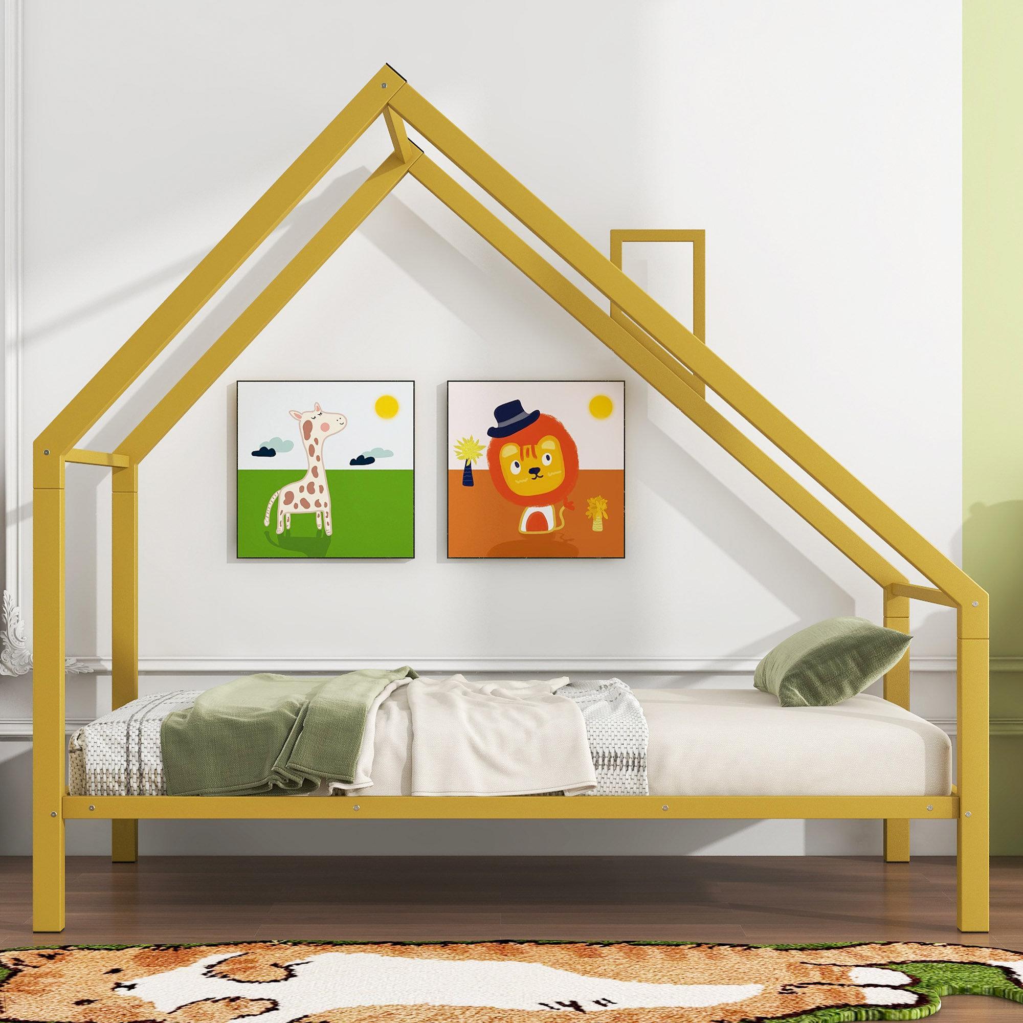 Ebern Designs Metal House Platform Bed With Roof And Chimney | Wayfair