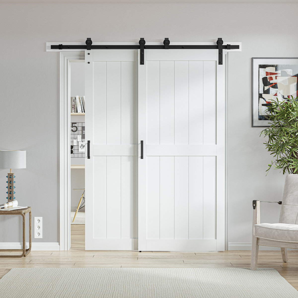 SMARTSTANDARD Manufactured Wood Paneled Bypass Barn Door Double Doors ...