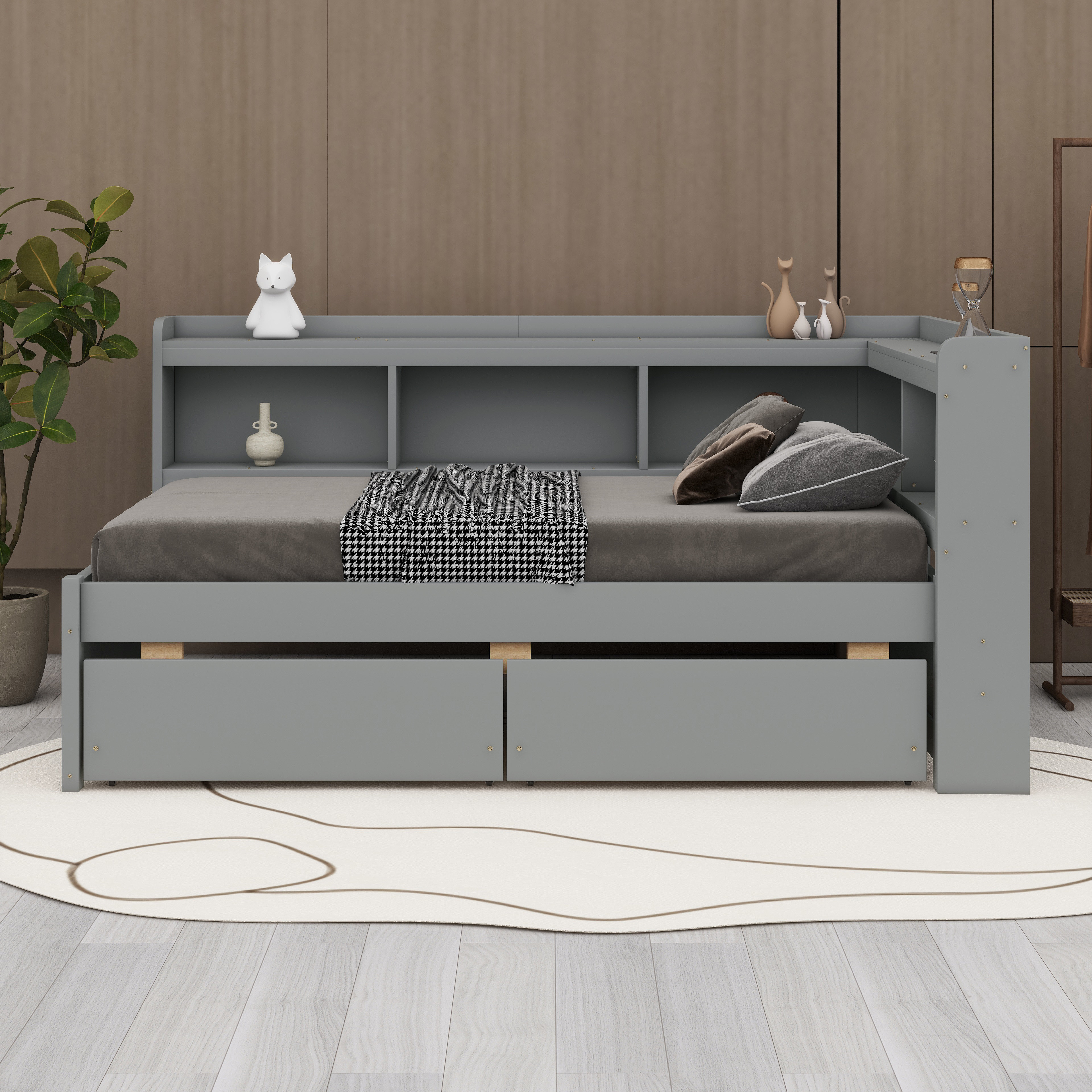 Latitude Run® L-Shaped Corner Bed Frame With Integrated Bookcase, Built ...