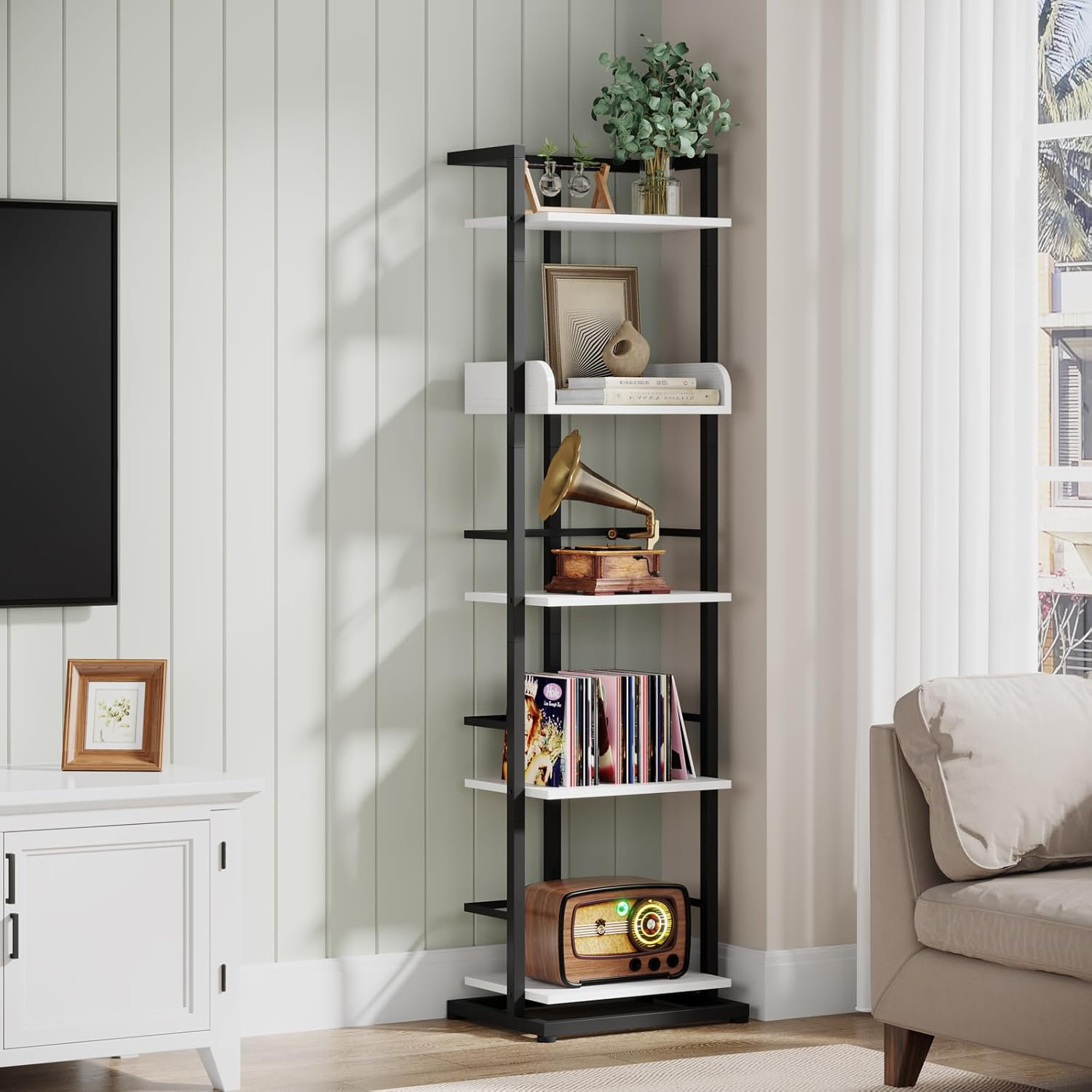 Ebern Designs Industrial Corner Bookshelf - 5 Tier Space-Saving Wood ...