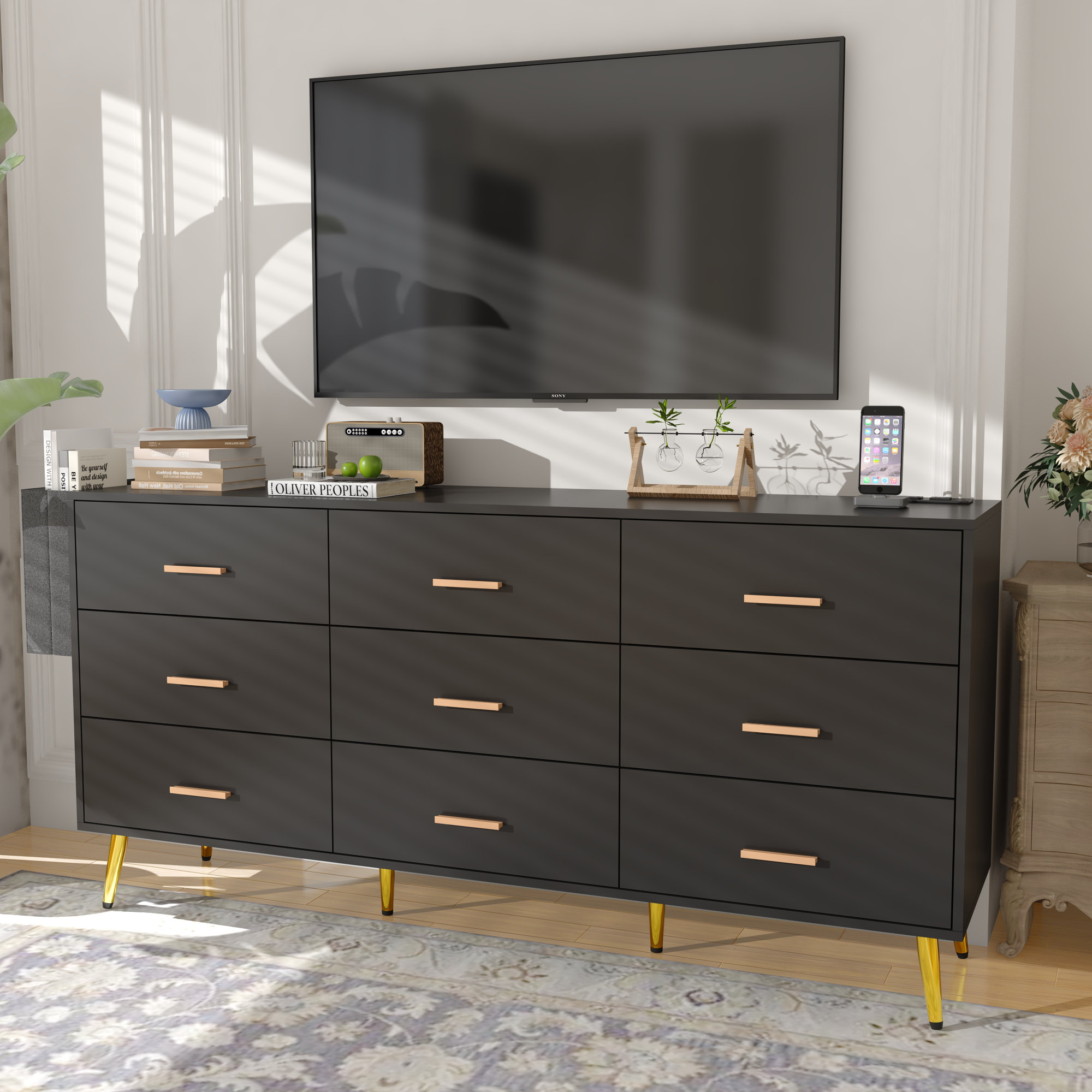 Mercer41 Iyosayi 9 Drawer Dresser, 63â€ Modern Chest With Charging ...
