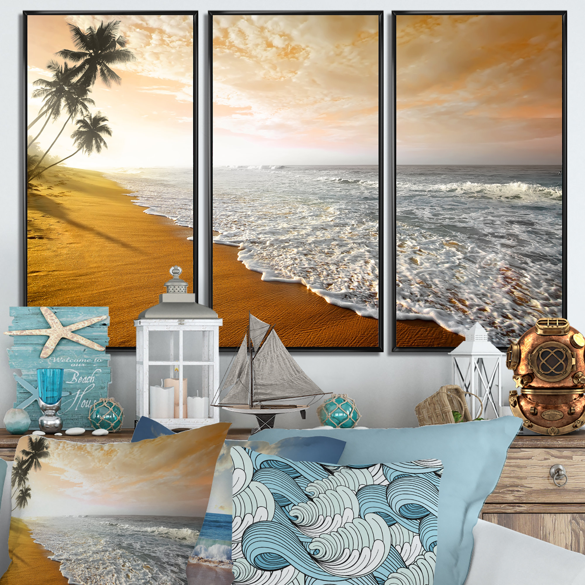 Bay Isle Home™ Wavy Clouds over Seashore - 3 Piece Floater Frame ...