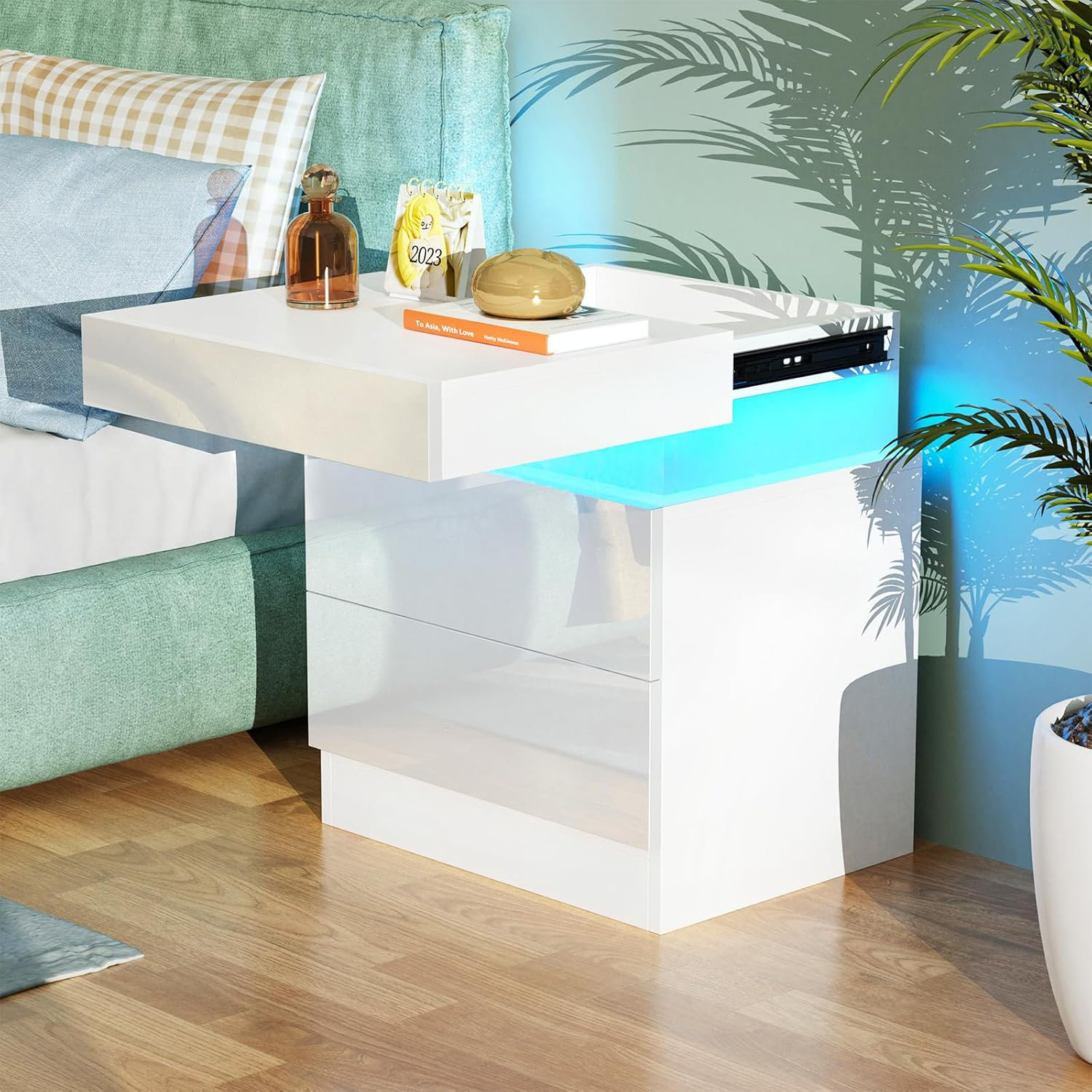 Wrought Studio Nightstand with LED Light, 2-Drawer &Flapping Top, Night ...