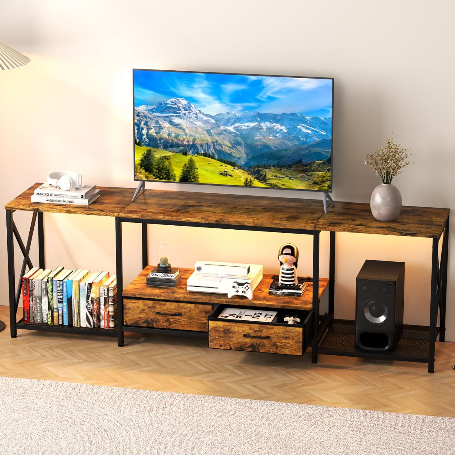 17 Stories 66" TV Stand With Fabric Drawers And Power Outlets | Wayfair