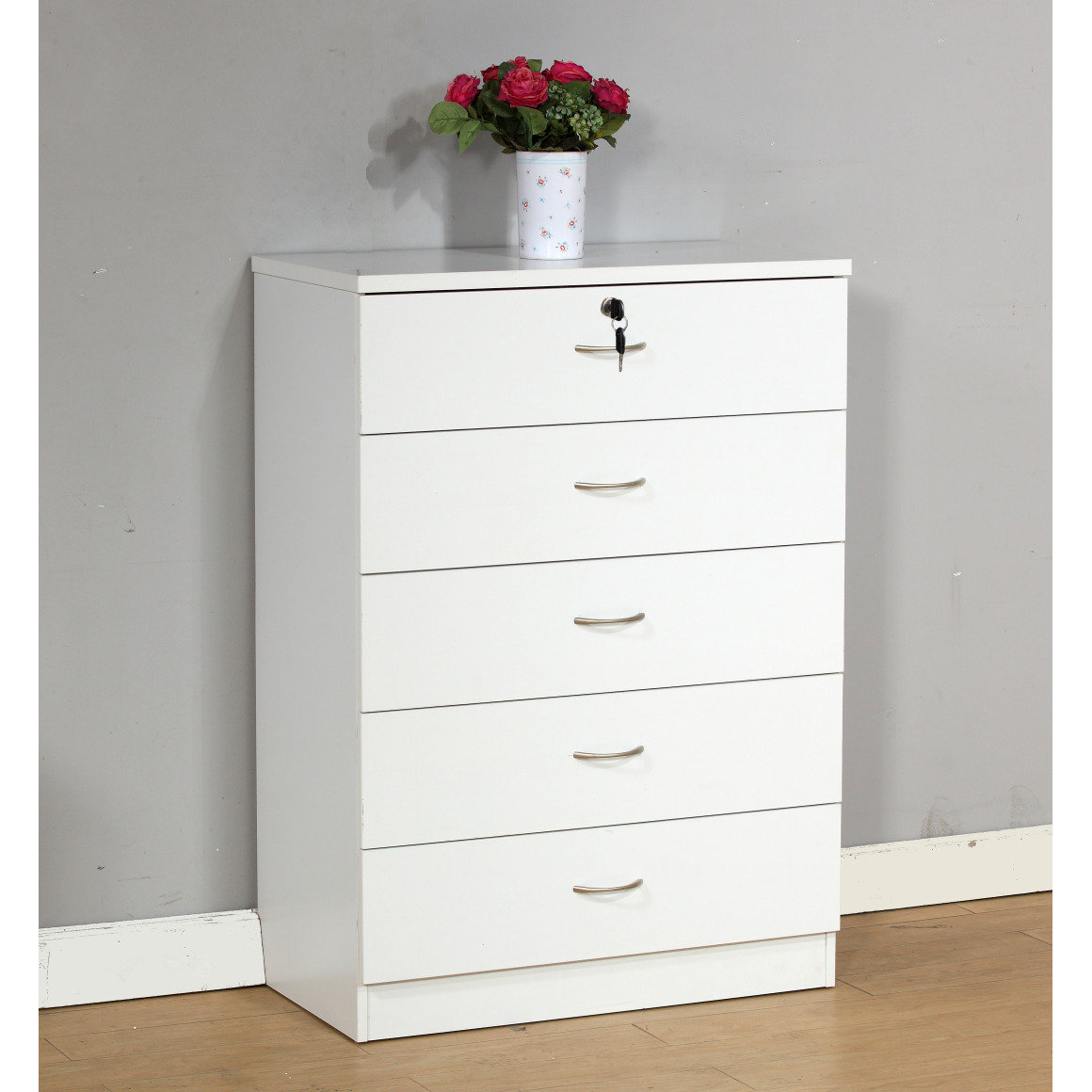 Ebern Designs Five Drawer Chest Metal Handles Locking Top Drawer Metal ...