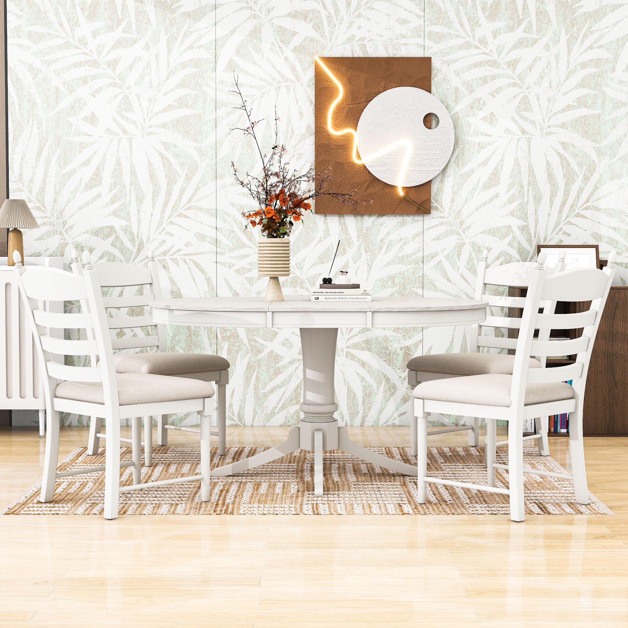 August Grove Daresha 5-Piece Dining Table Set, Wood Extendable Dining Table and Ladder Back ...