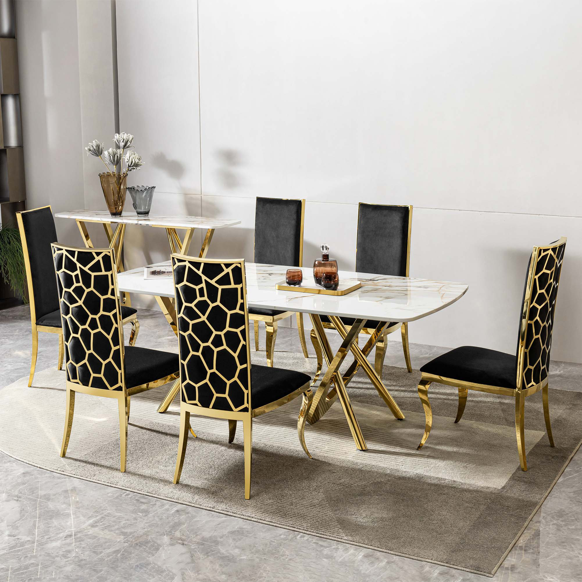 ROOM FULL Set Of 6, MDF Marble Pattern Dining Table Mirror Stainless ...