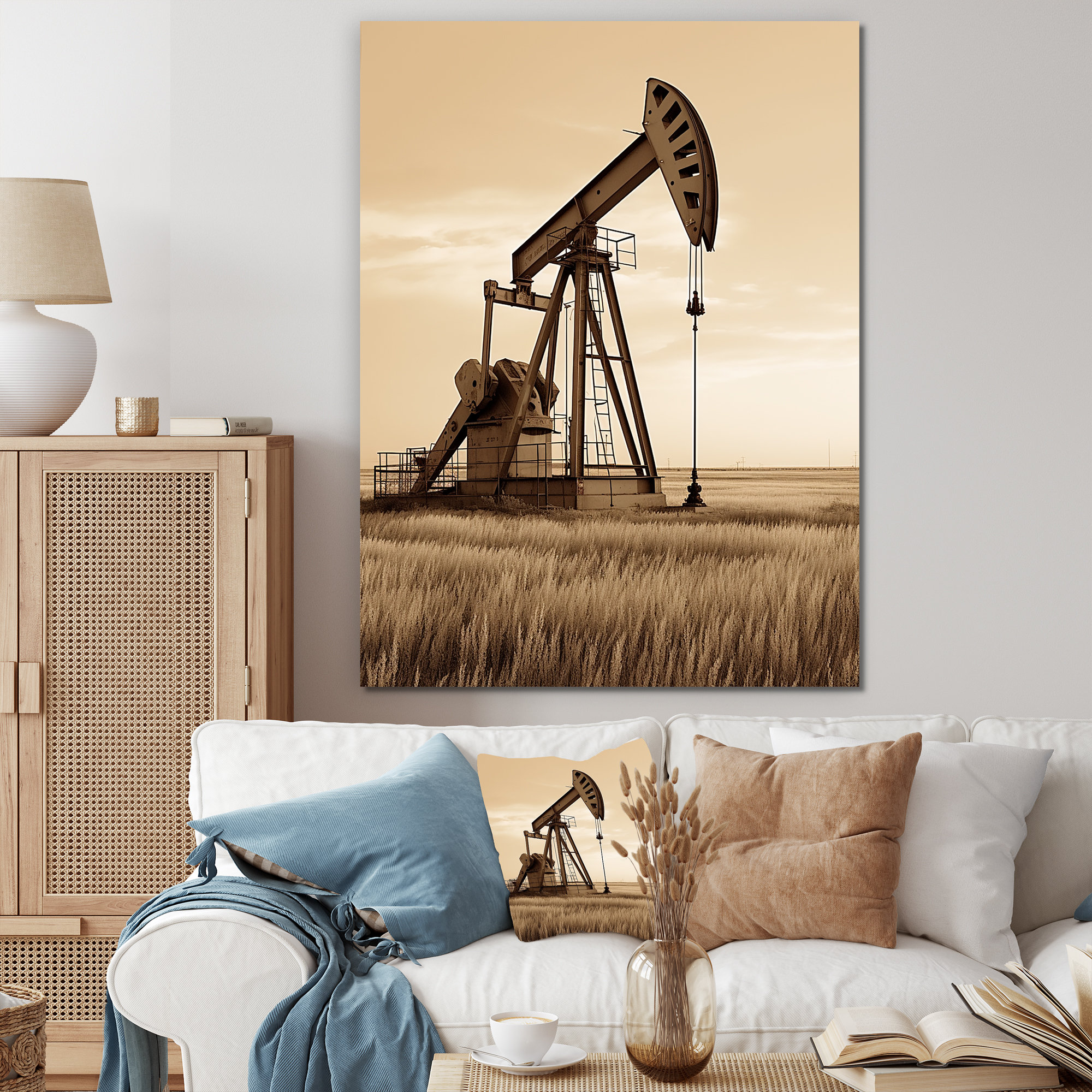 Design Art Sepia Oil Drilling Rig Fields Horizon I On Canvas Print ...
