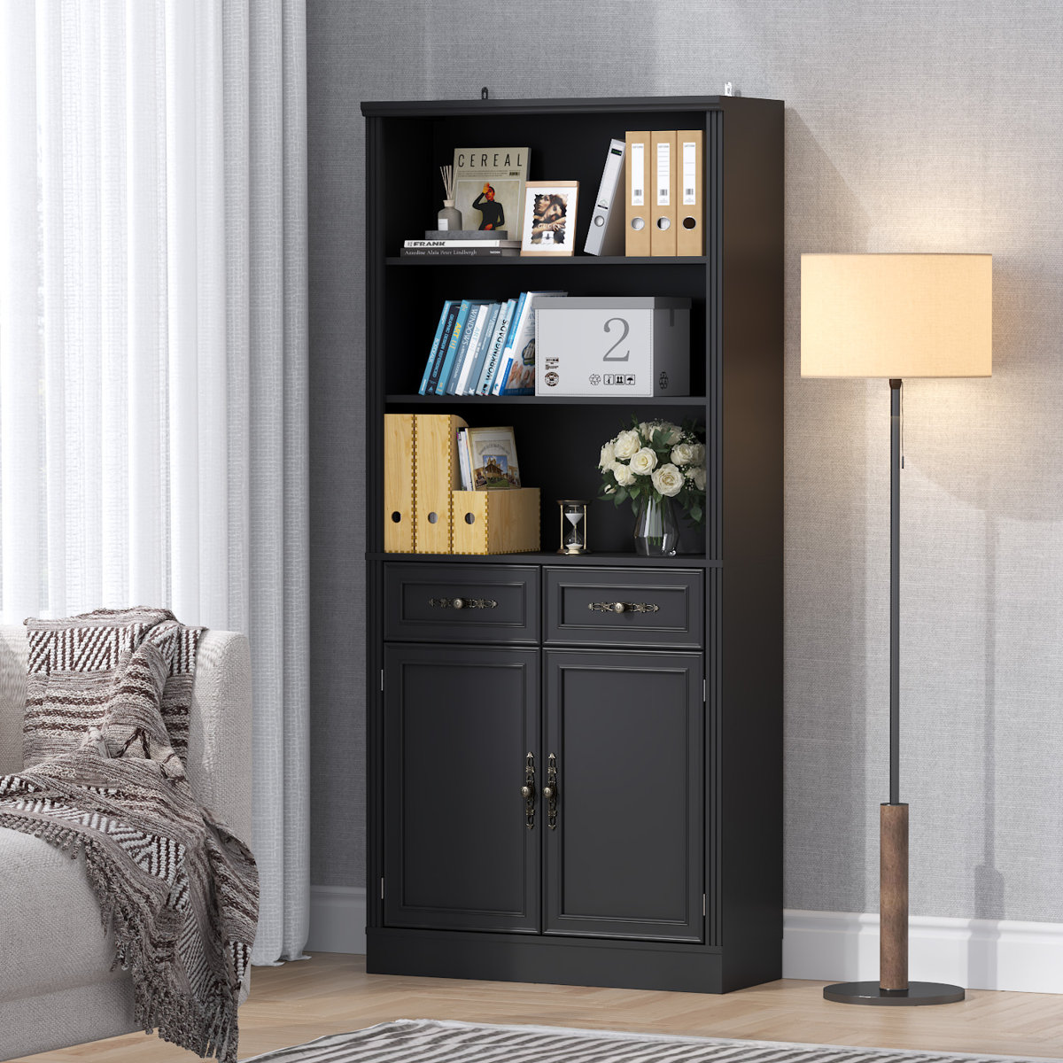 August Grove® 71.4" Tall Two-Door Two-Drawer Three-Tier Cabinet with ...
