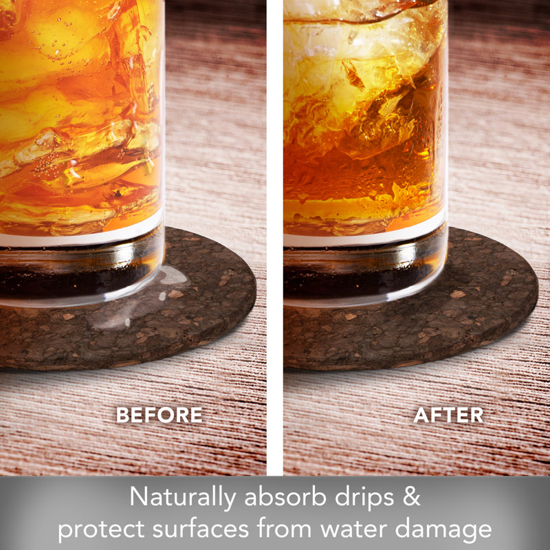 Ebern Designs Dark Cork Coasters with Black Wrought Iron Coaster Holder ...