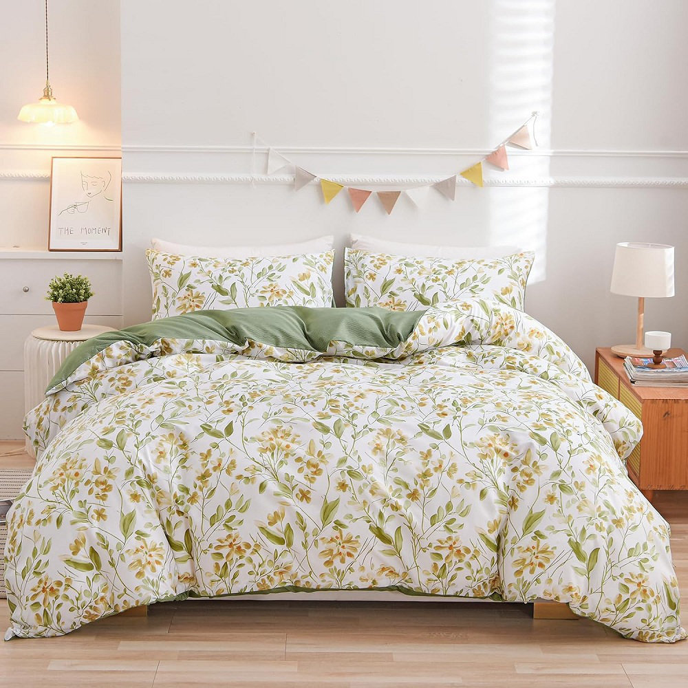 Nayoroom White Green Duvet Cover With Green Yellow Botanical Floral ...