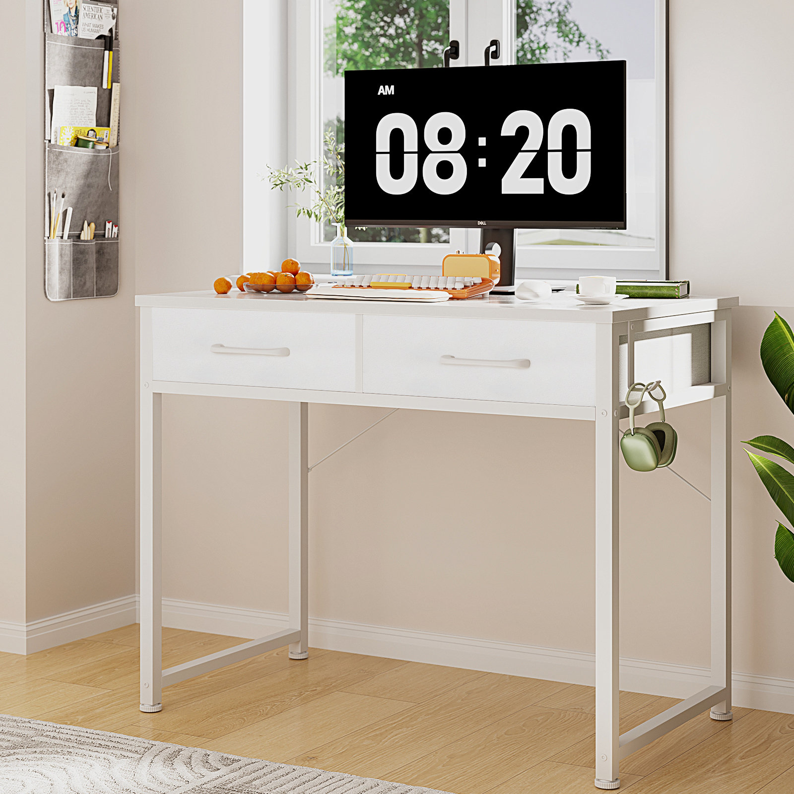 Ebern Designs Writing Desk With Two Drawers, Small Desk With Iron Hook ...