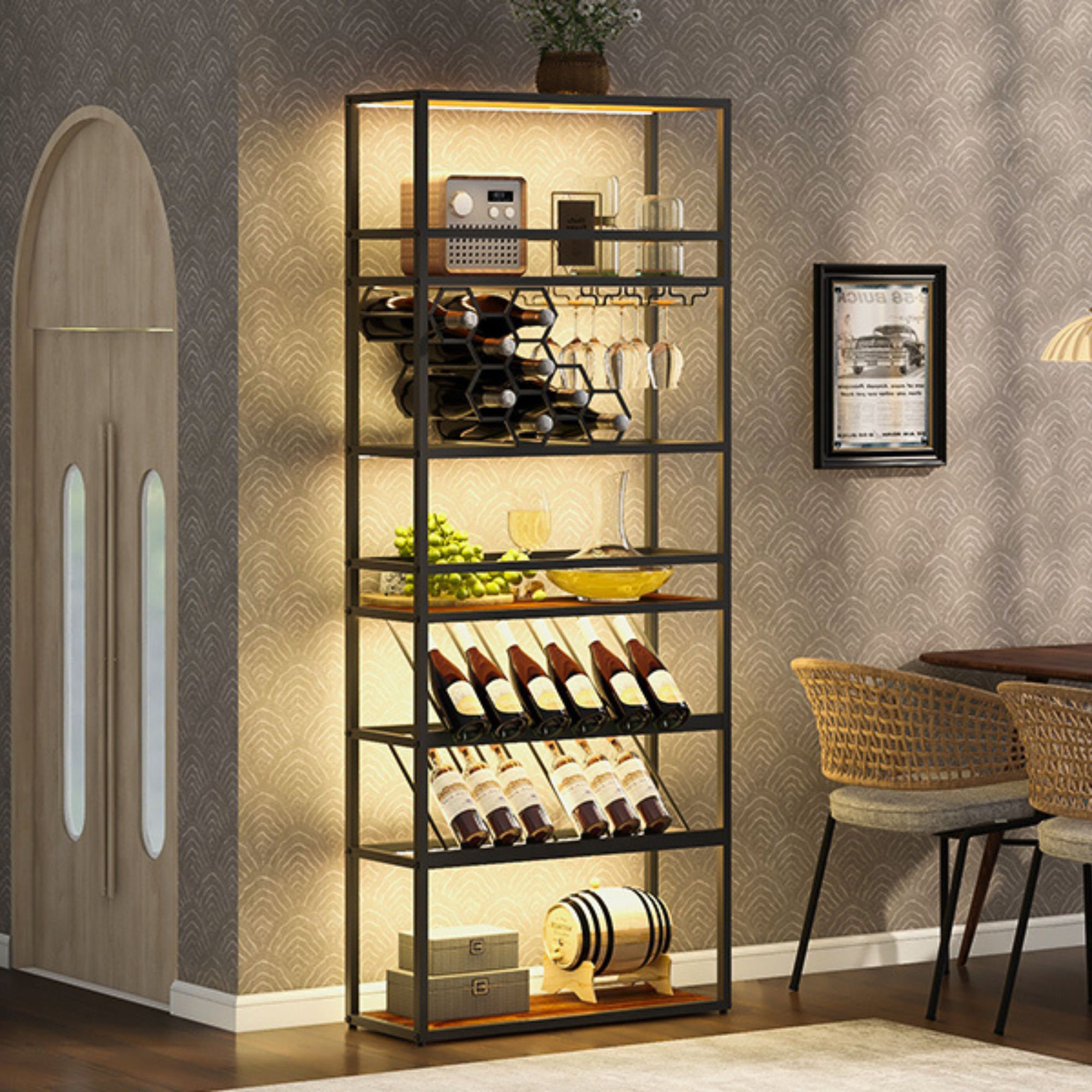 17 Stories 7-Tier Freestanding LED Wine Rack Industrial Wine Baker's ...