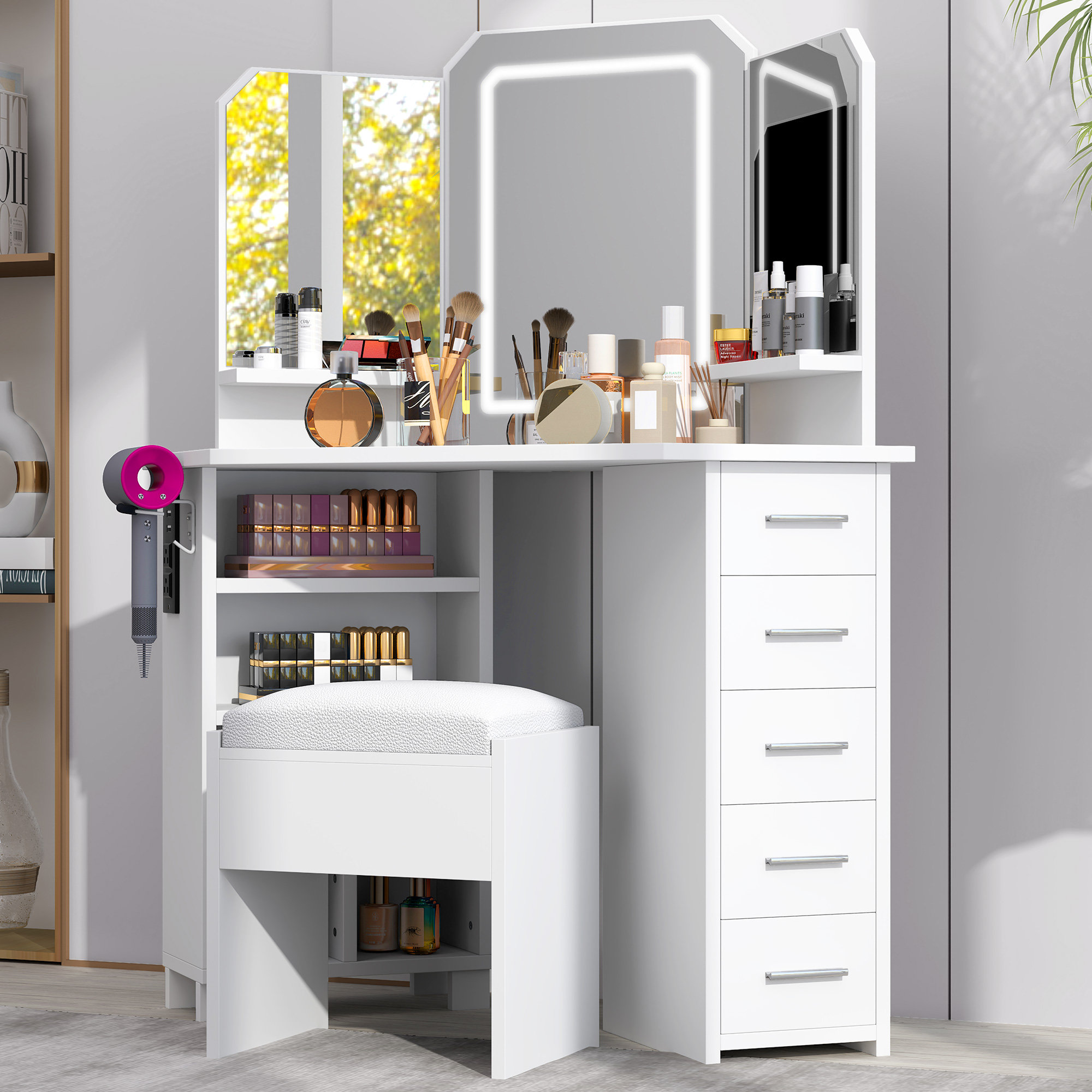 Ivy Bronx Makeup Vanity Table with Triple Folding Mirror and Adjustable ...