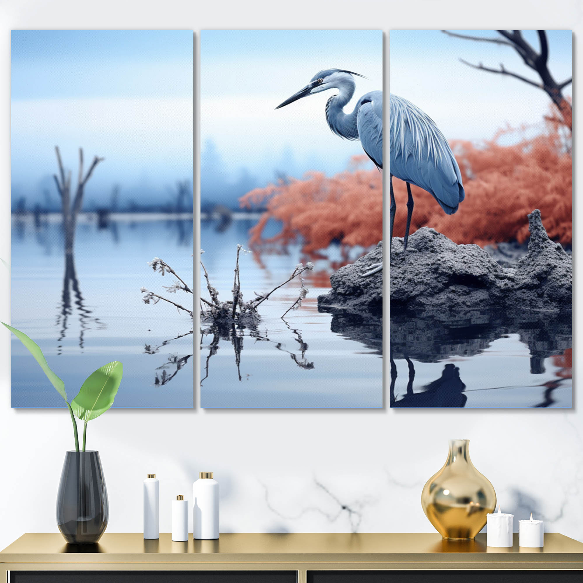 Ebern Designs Heron Silent Waters Blue On Canvas 3 Pieces Print | Wayfair