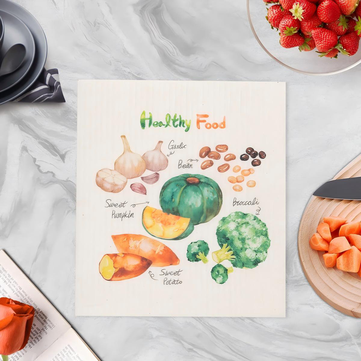 East Urban Home 6-Pc Swedish Dish Cloths - Healthy Food Illustration ...