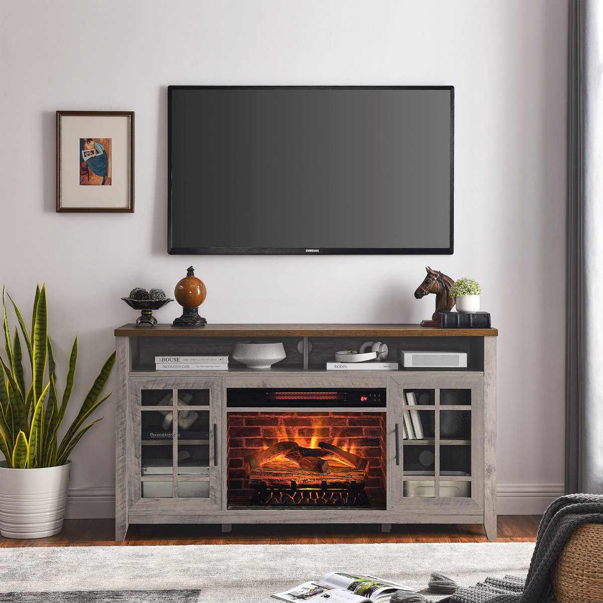 Ophelia & Co. 55 Inch TV Media Stand With Electric Fireplace KD Inserts ...
